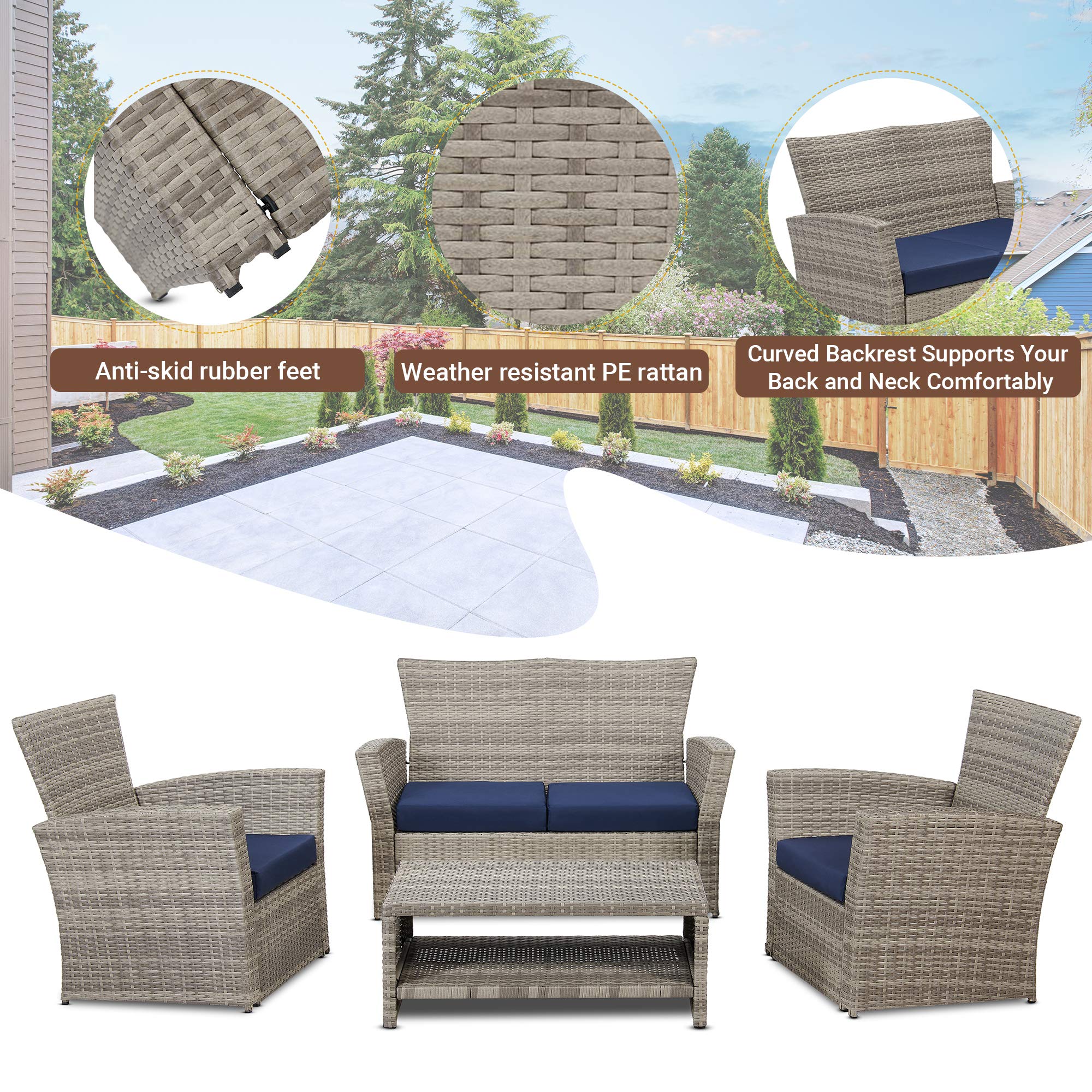 Laurel Canyon Outdoor Patio Furniture 4 Piece Wicker Conversation Sets, Rattan Loveseat and 2 Chairs with Cushions Coffee Table for Porch Deck, Grey