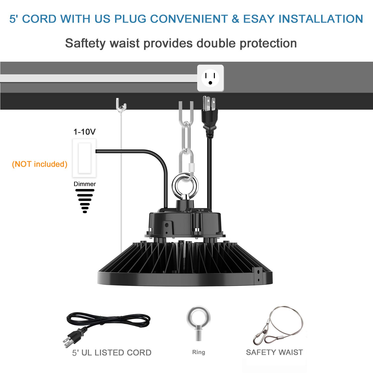 JOMITOP 240W High Bay LED Lighting Dimmable 36000 Lumens 900W HPS or MH Bulbs Equivalent 5000K Bright White Industrial Highbay Light, Warehouse Light Fixtures, AC 90-277V 4Pack
