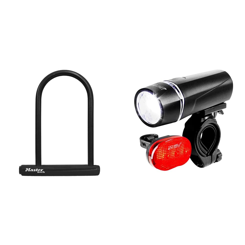 Master Lock 8170D U-Lock Bike Lock with Key, 1 Pack, 6-1/8 in. Wide, Black & BV Bicycle Light Set Super Bright 5 LED Headlight, 3 LED Taillight, Quick-Release