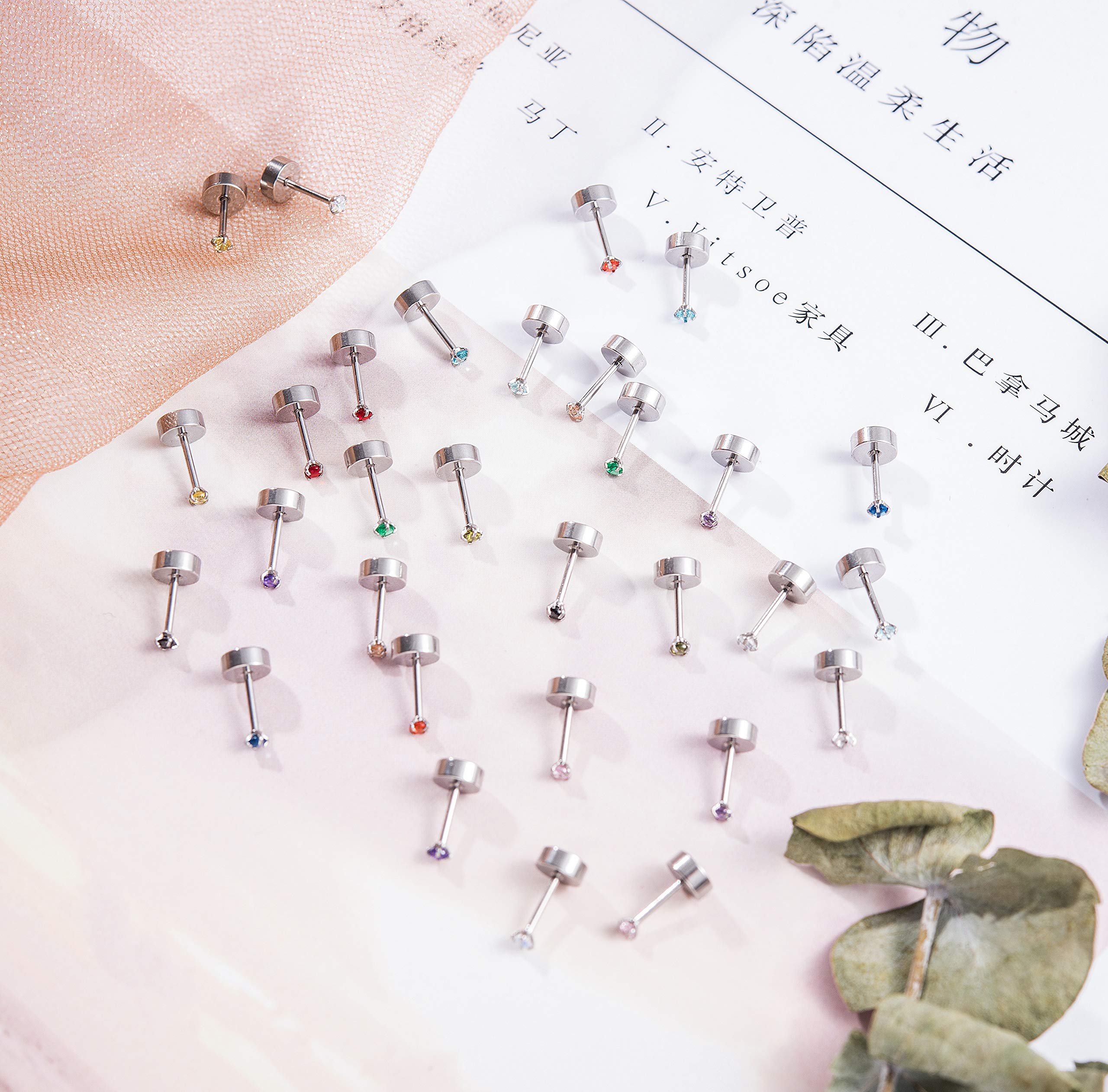 Masedy 15 Pairs 20G 316L Stainless Steel CZ Stud Earrings for Women Men Cartilage Screwback Earring Set 2mm