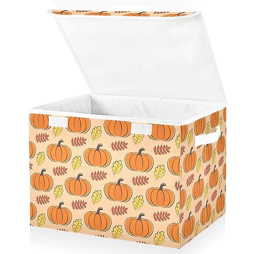 Krafig Foldable Storage Box Large Cube Organizer Bins Autumn Orange Pumpkins Containers Baskets with Lids Handles for Closet Organization, Shelves, Clothes, Toys