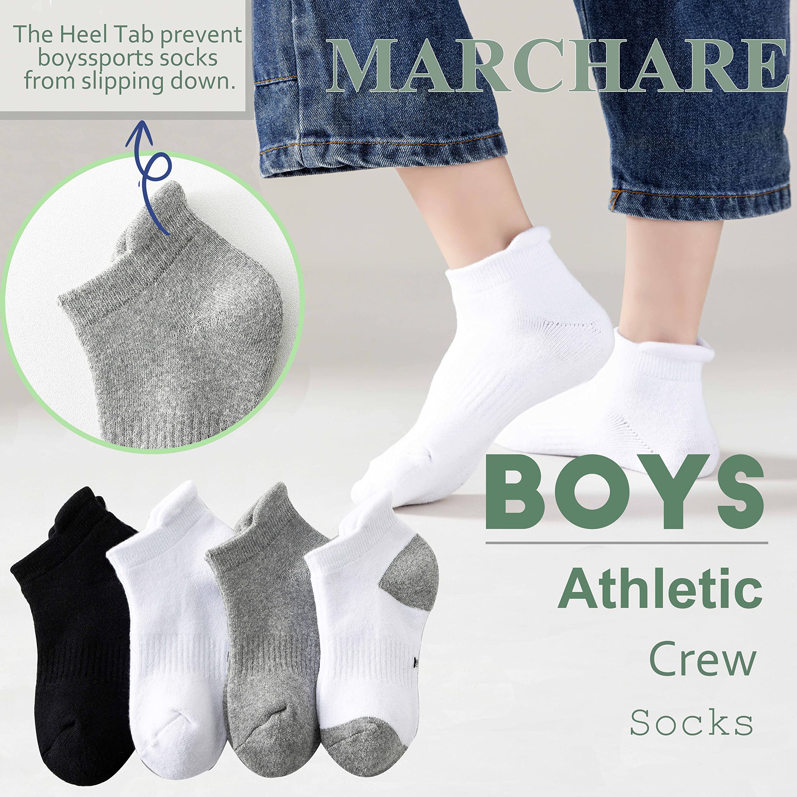 Marchare Boys White Crew Socks Kids Athletic Socks With Cushioned Thick Cotton Socks Black 6 Pack 5-7 Years