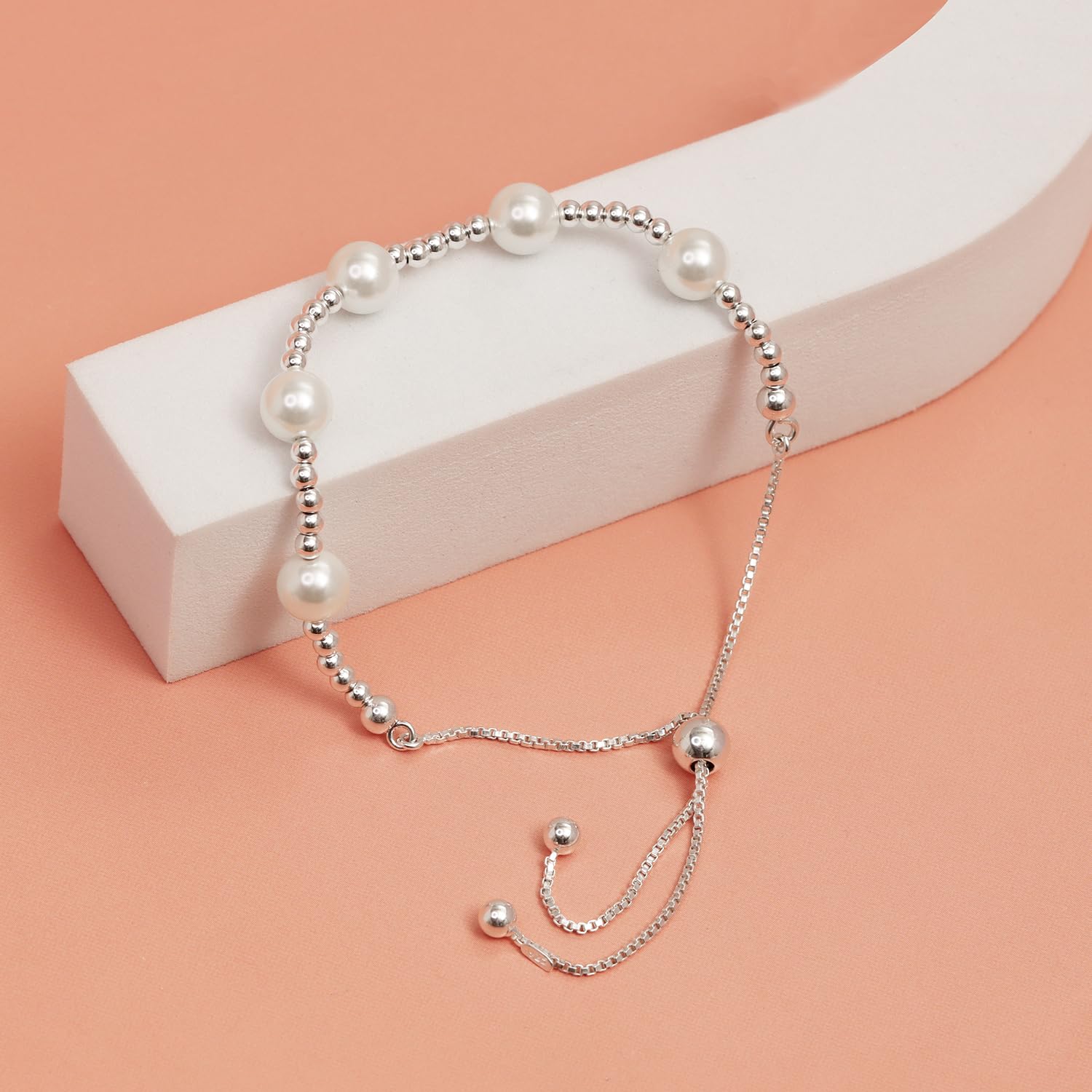 LeCalla 925 Sterling Silver Pearl Beaded Bolo Bracelet for Women