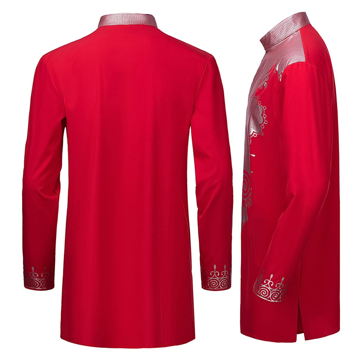 LAXX Men's 2 Piece African Dashiki Shirt, Traditional Tribal Pattern Printed Long Sleeve Pullover Trouser Set Red Sliver,Medium