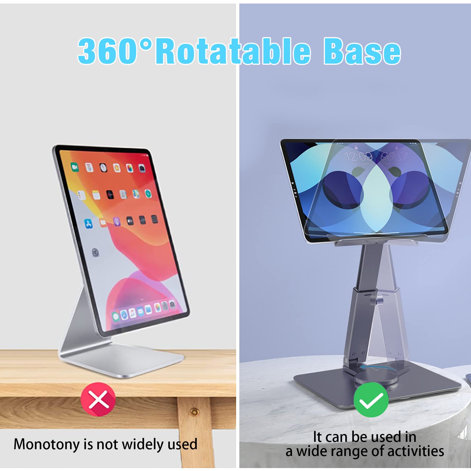 RAYONE Tablet Stand for Desk, Height Adjustable Aluminum iPad Stand Holder, Foldable 360° Swivel Desktop Tablet Stand Holder Dock for 4" - 13" Tablet（Dark Grey）