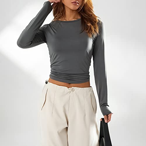Women Sexy Long Sleeve T Shirt Crew Neck Slim Fitted Crop Top Causal Solid Y2k Pullover Blouse Top (A Grey,Small)