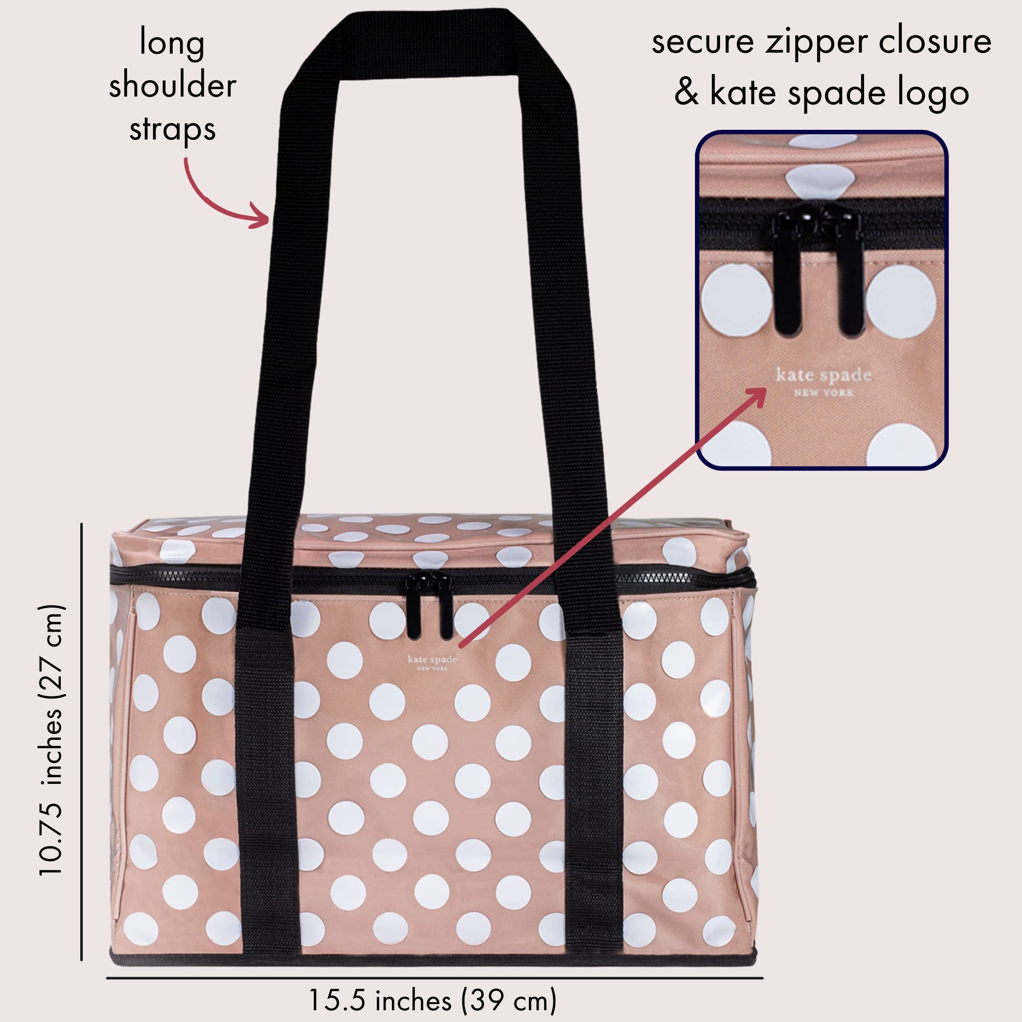 Kate Spade New York Large Capacity Insulated Cooler Bag, Soft Sided Portable Beach Cooler Tote for Women, Jumbo Dot