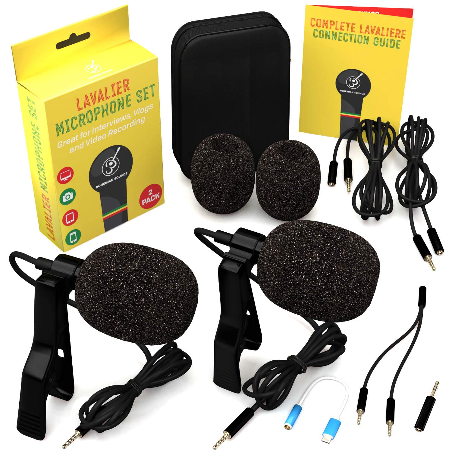 Lavalier Microphone 2 Pack Bundle - Omnidirectional Lapel Mic with Clip-On Suitable for iPhone, Android, Samsung, GoPro, DSLR - Professional Lapel Mic for YouTube and Vlogging