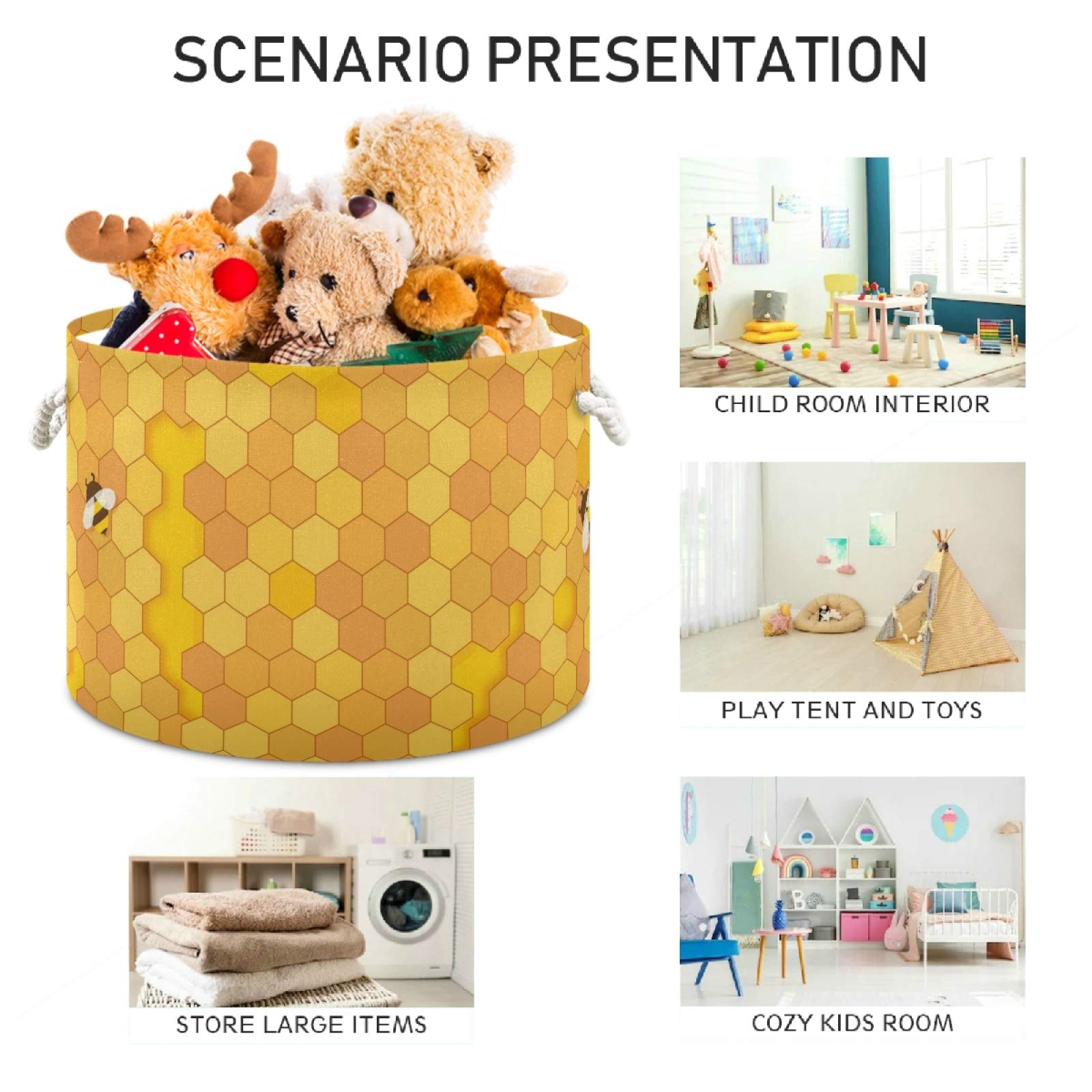 Large Round Storage Basket - Honey Bee Yellow Canvas Laundry Hamper Toy Storage Bin for Kid’s Living Room