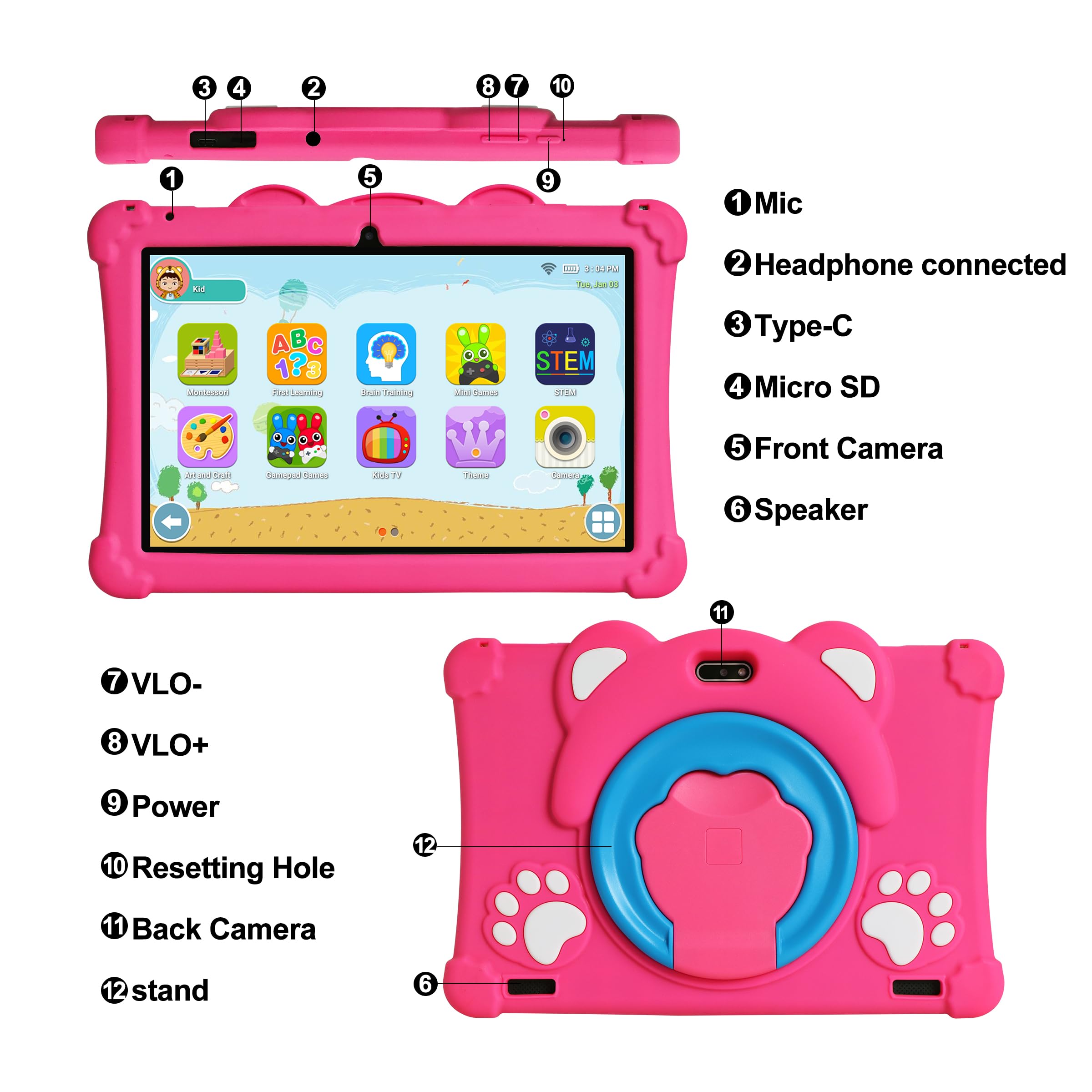 Kids Tablet, 10 Inch Tablet for Kids, IPS HD Display 1280 X 800 Android13 Toddler Tablet,Iwawa Kids Space Pre-Installed Parental Control Mode, Dual Camera, Google Services,6-12,Color Pink