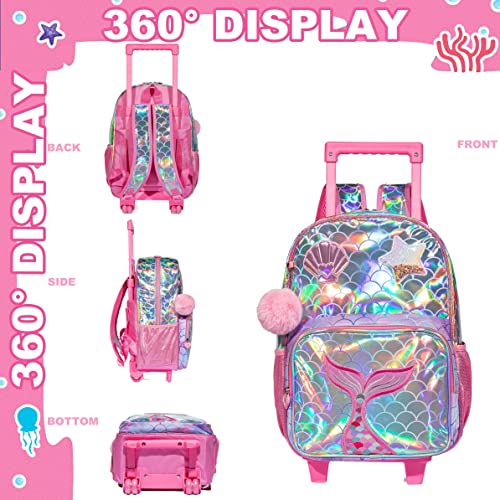 ZBAOGTW Mermaid Rolling Backpack for Girls Kids Backpack with Wheels for Elementary Kindergarten Girls Wheeled Backpack Carry on Luggage for School Travel
