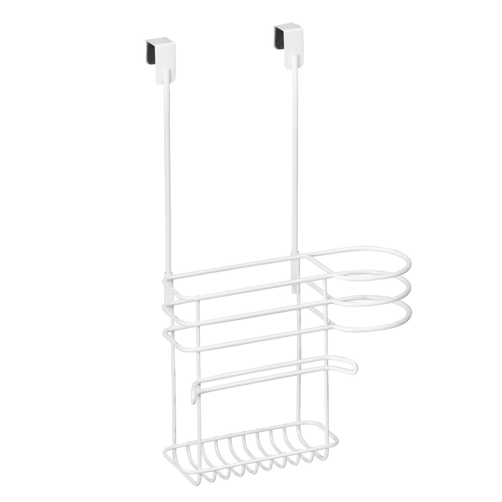 mDesign Metal Bathroom 2 Section Storage Tool Organizer Basket Tray - Hang Over Cabinet Door - Storage for Hair Dryer, Straightener, Curling Iron, Styling Products - Concerto Collection - White