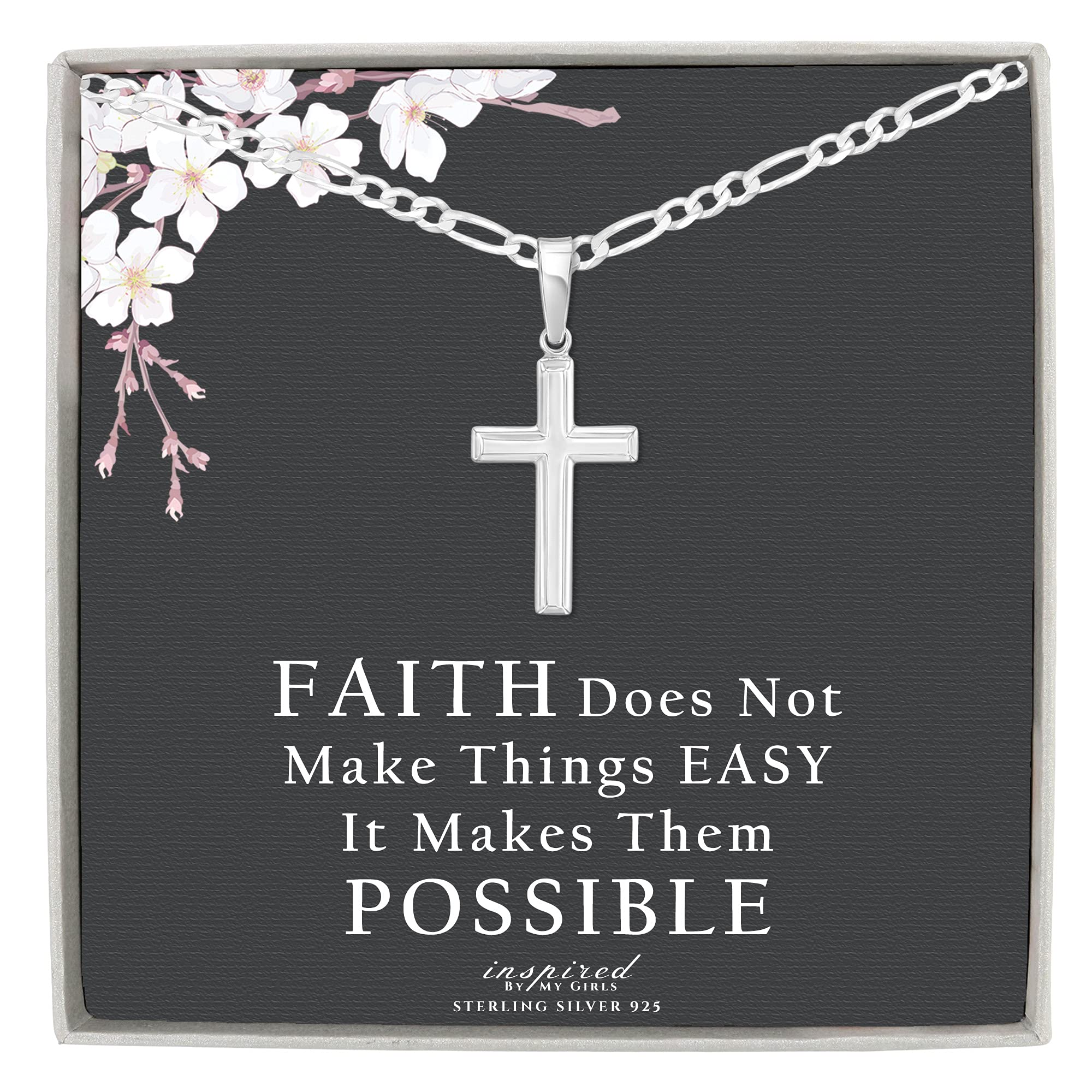 Inspired By My Girls Womens Sterling Silver Cross Pendant with Figaro Chain Necklace Faith Keepsake Card Gift - 060-18