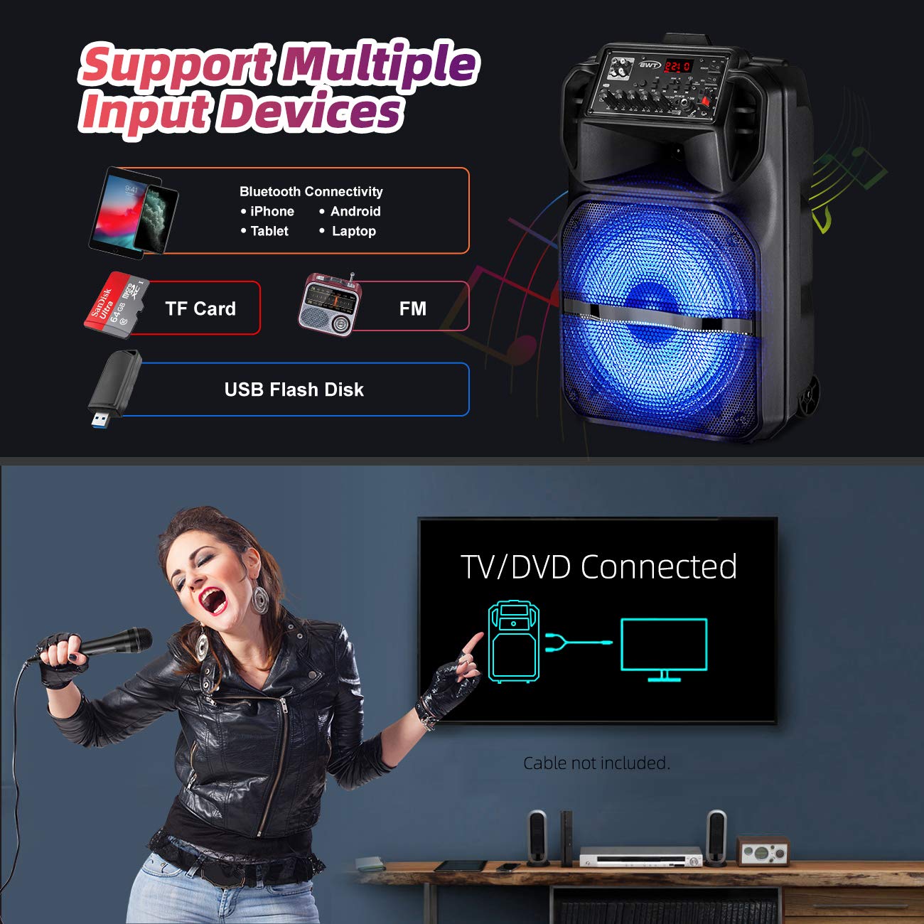 Karaoke Machine for Kids BT Connectivity with 2 Wireless Microphones, Dazzling DJ Disco Light 12'' Sub-woofer Portable Wireless PA Speaker System Bonus 1 Corded Mic and Remote, Great Gift For Kids