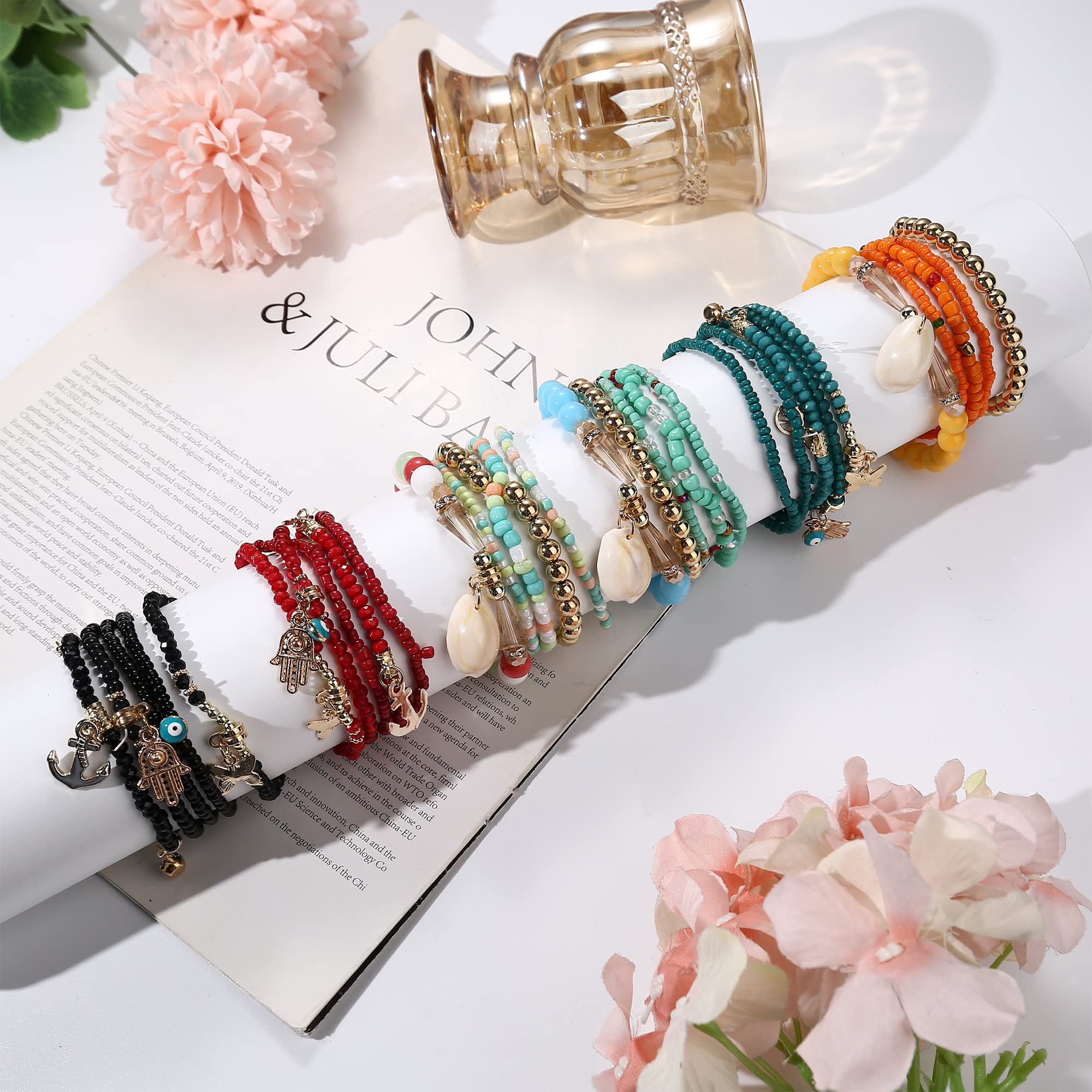 Sanfenly 6 Sets Bohemian Beaded Bracelets for Women Stretch Stackable Bracelet Set Multilayer Colorful Charms Boho Jewelry