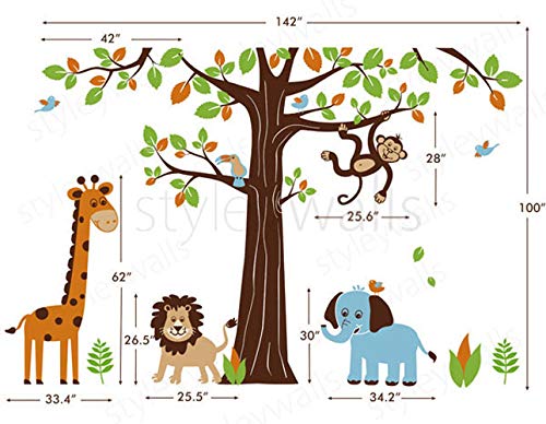 Jungle Safari Animals with HUGE Tree Wall Decal Set, Lion Elephant Monkey Giraffe Nursery Kids Decal Sticker Baby Room Art