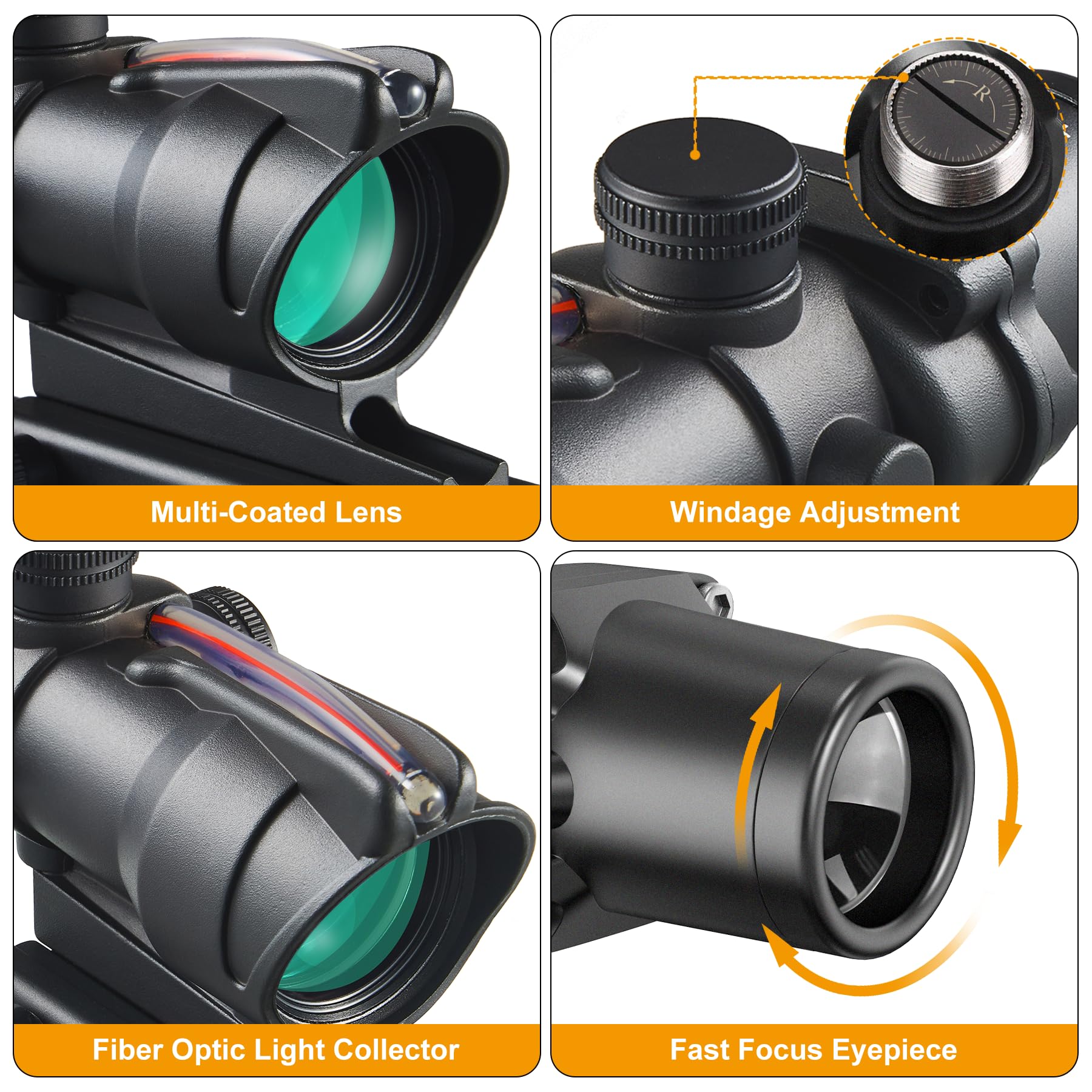 LECPECON 4X Prism Scope Optical Sight Red Fiber Reticle Sights Black
