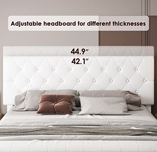 TTVIEW Upholstered Queen Bed Frame with Button Tufted Headboard, Modern Faux Leather Platform Bed with Wooden Slat Support, No Box Spring Needed, Sturdy and Noise-Free, Easy Assembly, White