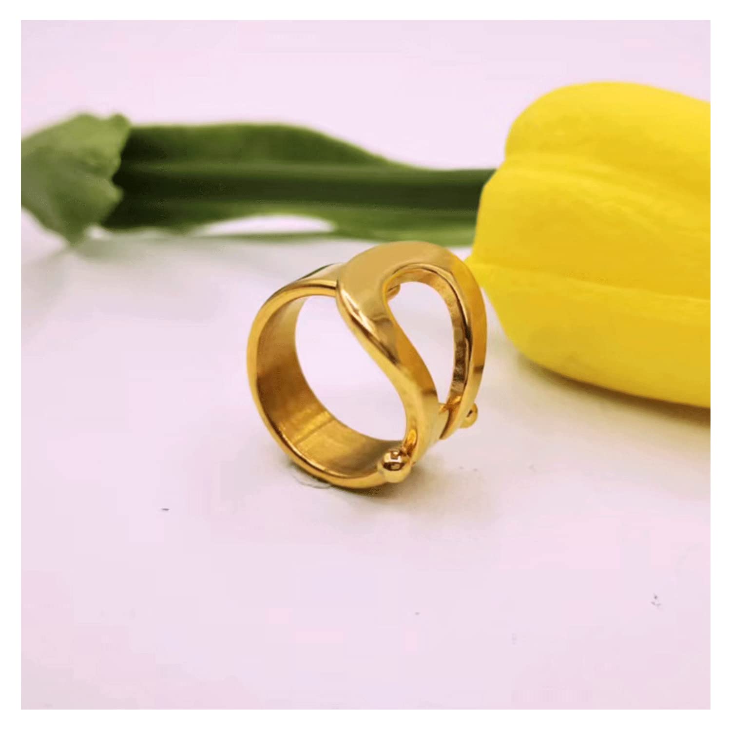 NORLSO 18K Gold Plated Hollow Ring Chunky Rings Wide Rings Simple Geometry Ring Horseshoe Ring Minimalist Statement Ring for Women Men (Gold)