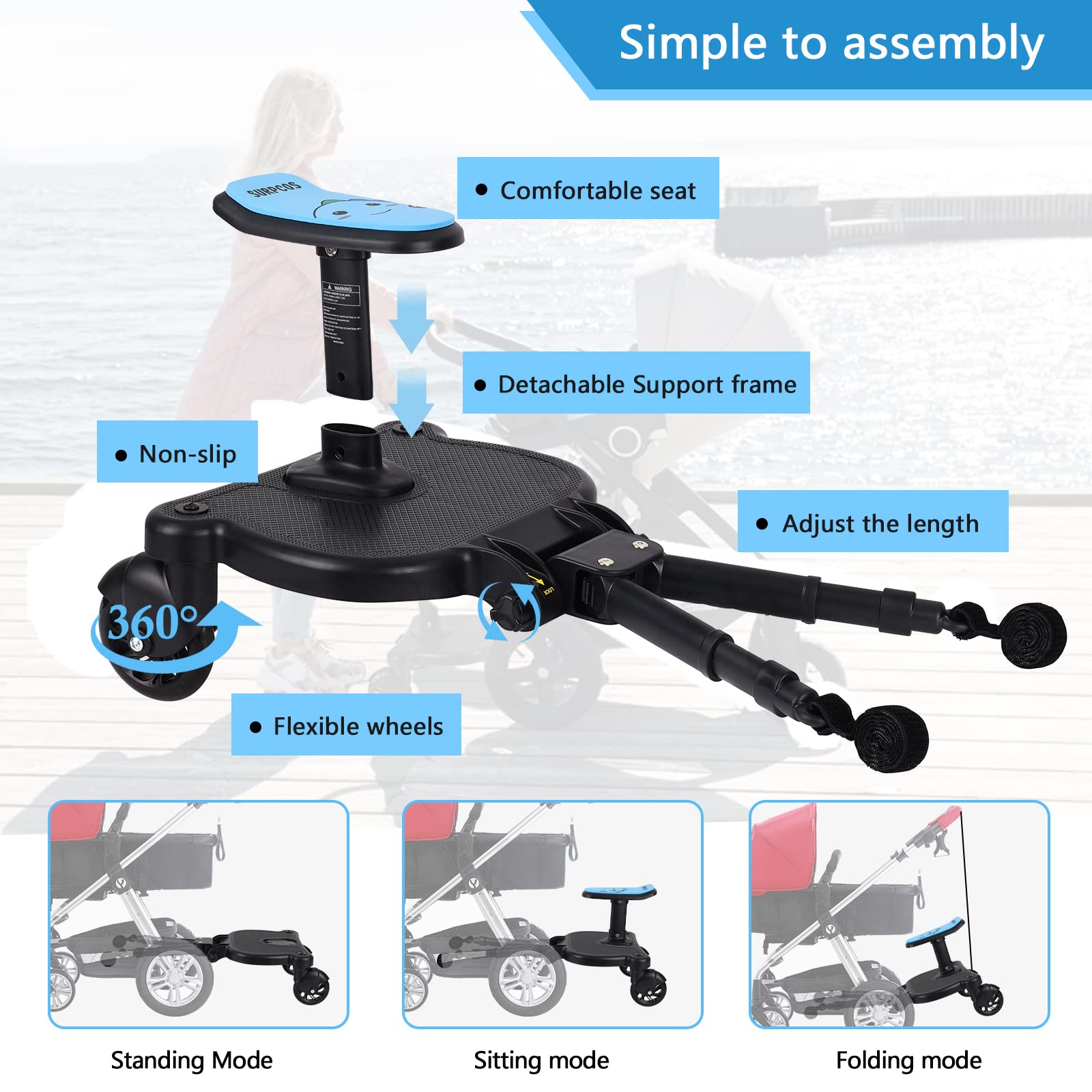 SURPCOS Universal Stroller Board 2-in-1 Buggy Board with Detachable Seat Standing Board, Rider Stroller Glider Board Suitable for Most Brands of Strollers, Holds Children Up to 55lbs Blue