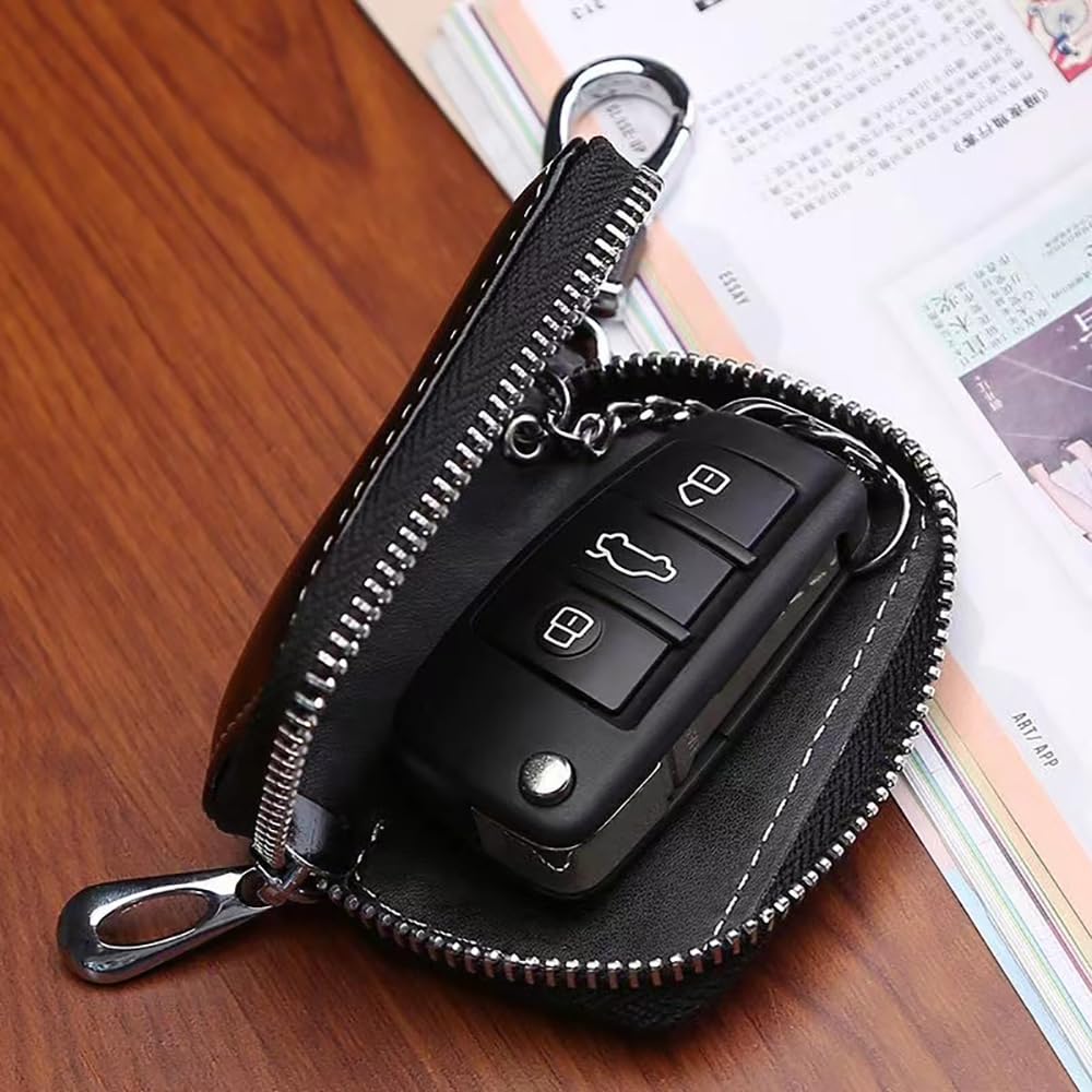 KUPAO Universal Car Key Fob Case,Genuine Leather Key Fob Cover Holder,Remote control smart key Car KeyChain Case Holder (Black)