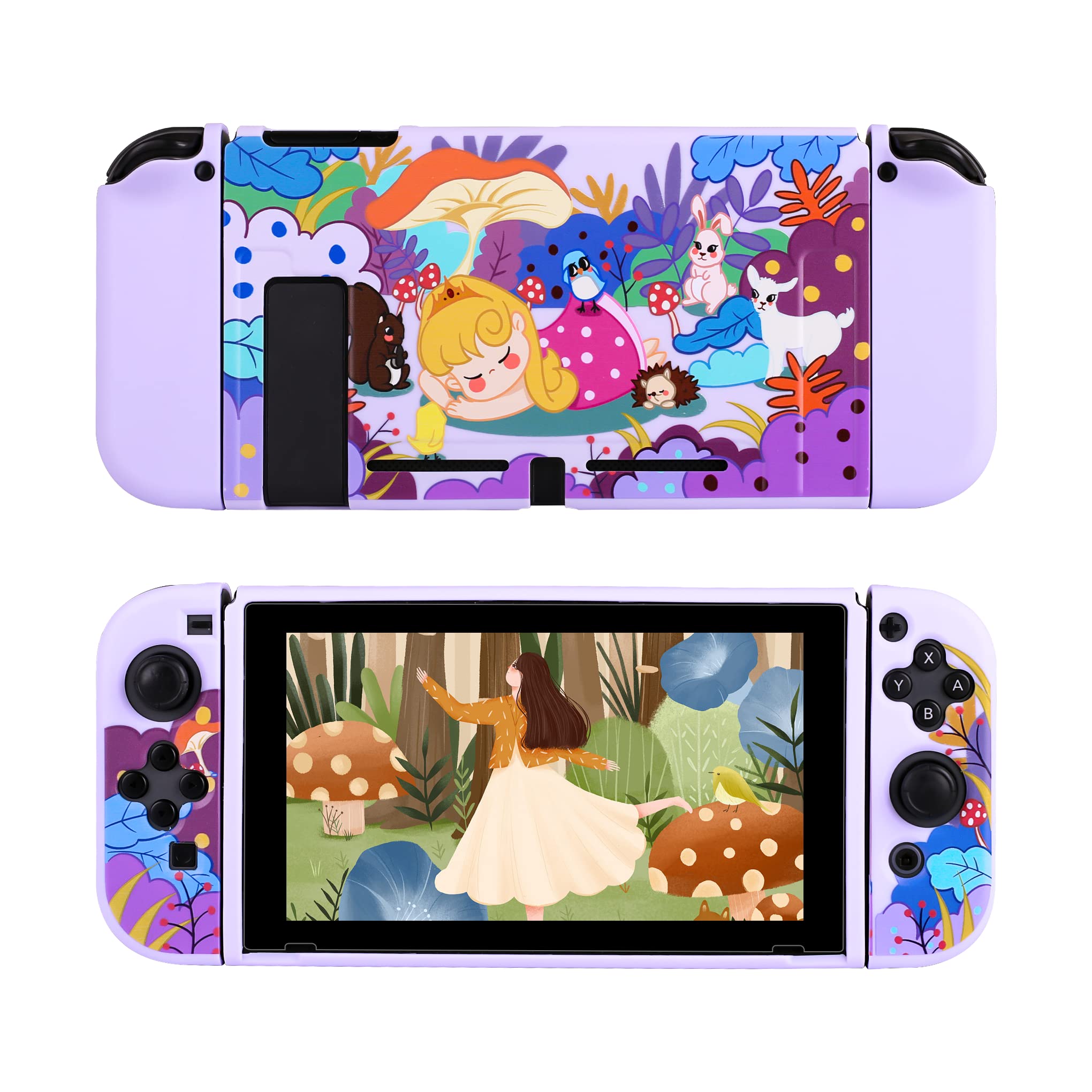 RHOTALL Cute Purple Case Compatible with Nintendo Switch, Protective Case Cover Accessories for Switch Console and Joycon Controller with Anti-Scratch Design - Forest Girl