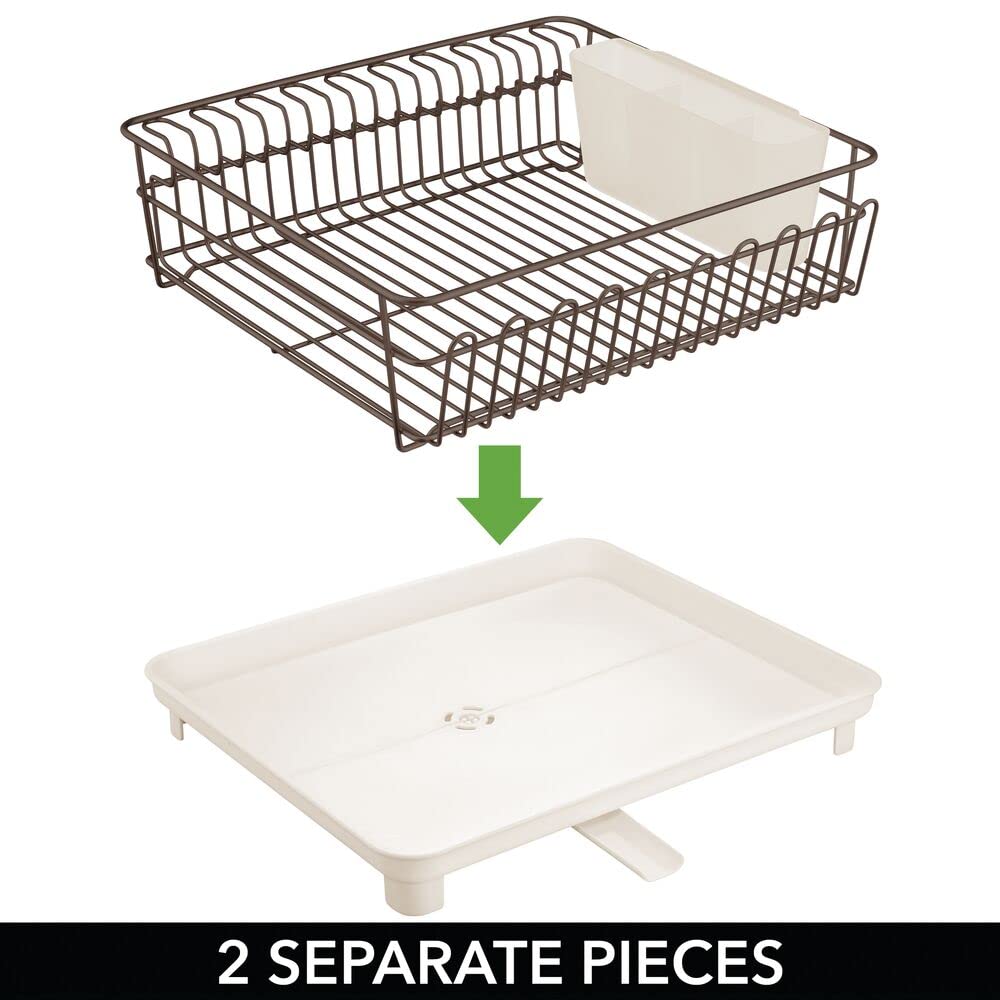 mDesign Metal Wire Kitchen Countertop, Sink Dish Drying Rack - Removable Plastic Cutlery Tray, Drainboard with Adjustable Swivel Spout - 3 Pieces - Bronze/Cream