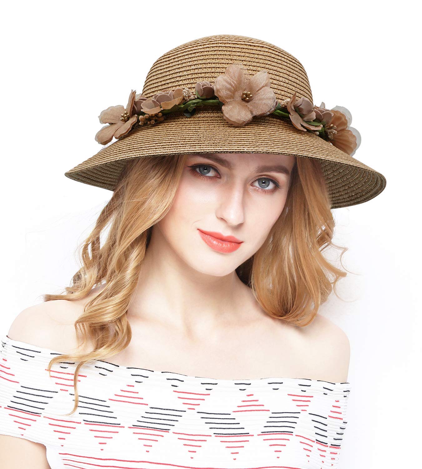 Lovful Sun Hats for Women with Flower Decor,Wide Brim Beach Hats Straw Hat,Summer Sun Protection Hat Caps, khakiBeige