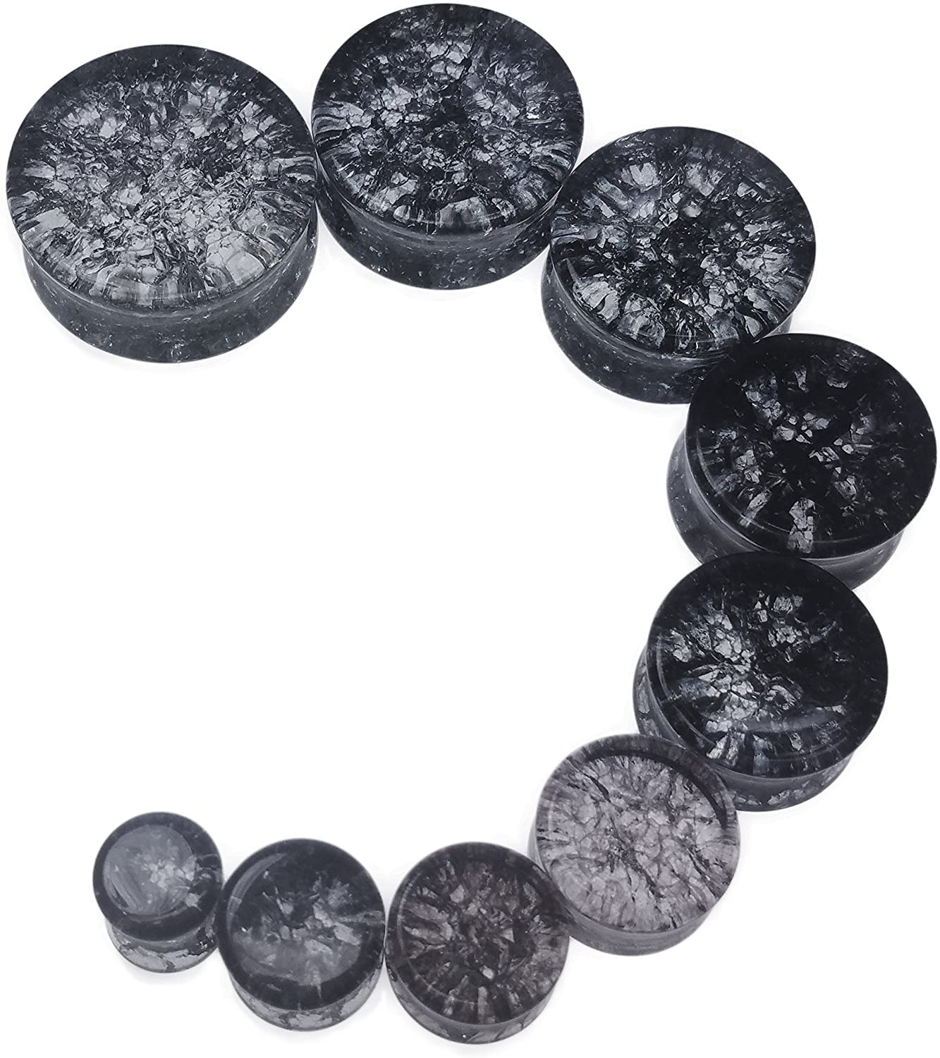 Pair 1-1/8" (28MM) BLACK SHATTERED GLASS PLUGS Double Flare Gauges Cracked Organic Tunnels (2pcs)