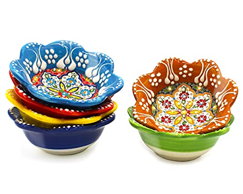Silver Craft 6 Pcs Daisy Shaped Hand Painted Decorative Serving Turkish Tiny Bowls - Handmade Ceramic Bowl - Set of 6 (3.7 inc/9.5cm) 2.5 Oz Pinch Multicolor Small Serving Bowls - Best Gift Set