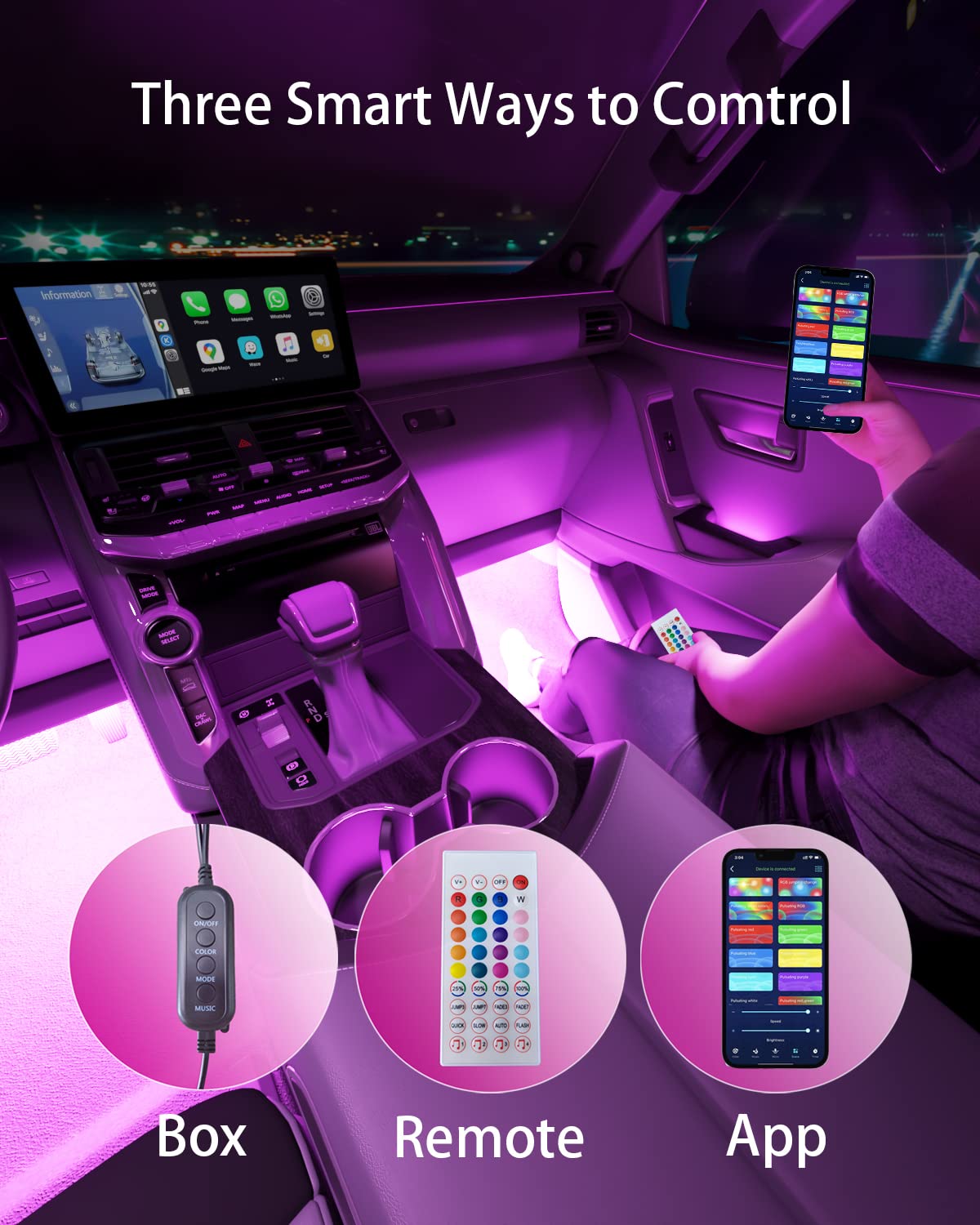 Keepsmile Interior Car Lights Accessories APP Control with Remote Music Sync Color Change RGB Under Dash Car Lighting with USB Charger 12V 2A Led Lights for Jeep Truck