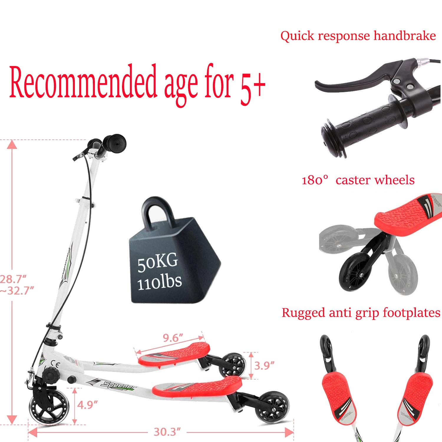 KGK Y Flicker Scooter for Kids,Swing Wiggle Scooter, Adjustable 3 Wheels Foldable Driving Push Drifter for Kids Age 5 Years Old and Up (red)