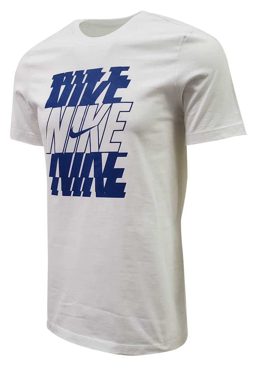 Nike Mens Italic Graphic Logo Crewneck T-Shirt (X-Large, White/Blue)
