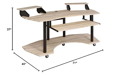 LEEKOUS STERXONE Best Music Recording Studio Desk with Piano Keyboard Tray, Recording Studio Workstation Table with 2 Stands, Bottom Shelf and Wheels, Wooden Home Office Computer Desks (Natural Oak)
