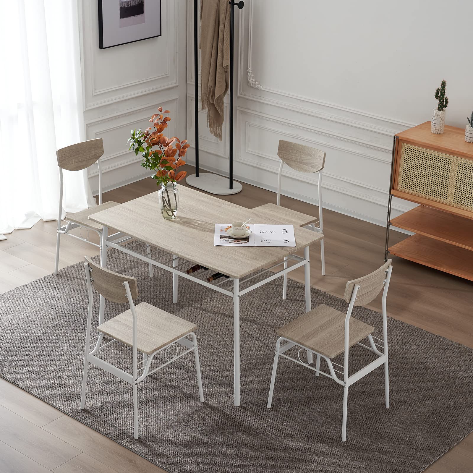 Karl home 5-Piece Dining Table Set for 4, Rectangular Table and 4 Chairs, Farmhouse Table Set for Kitchen & Dining Room, Industrial Metal Frame & Storage Rack, Save Space (White)