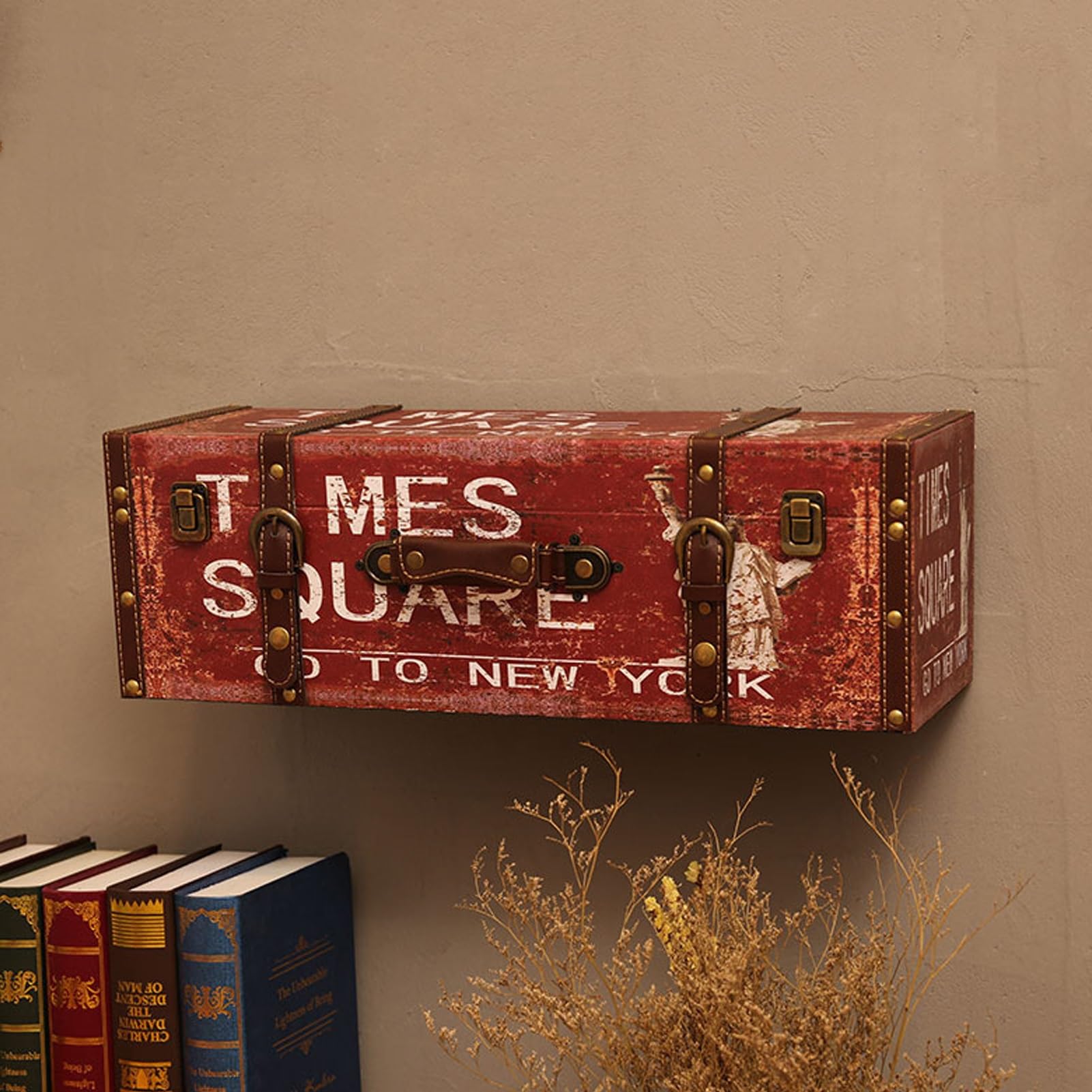Vintage Suitcase Wall Shelf Floating Shelves with Handle Retro Handmade Wooden Box Wall Shelves Wall Mounted Rustic Wood Storage Trunk Hanging Shelf Display and Decor Creative Wall Pendant Bar ( Color