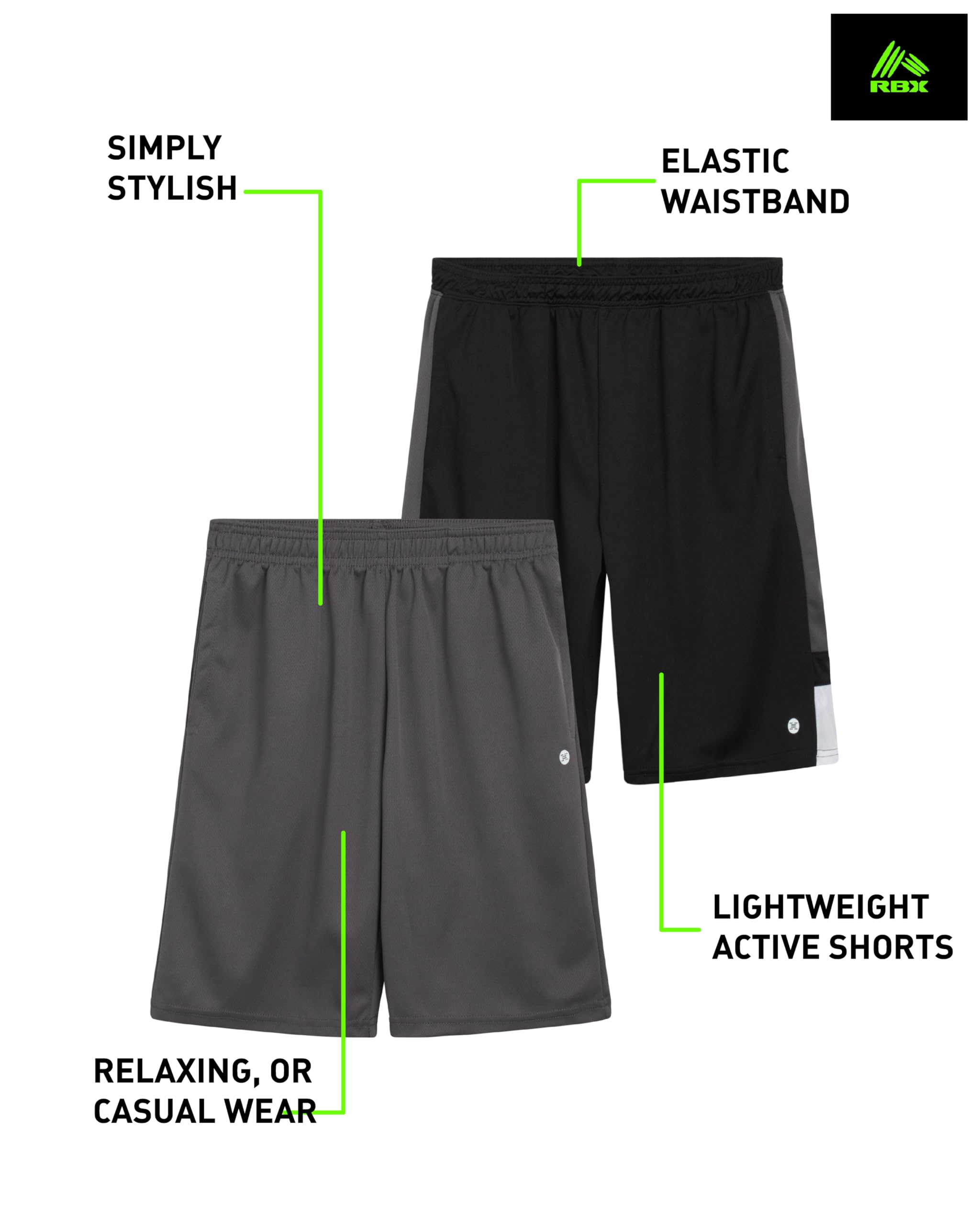 RBX Boys' Athletic Shorts - 2 Pack Breathable Poly Fleece Performance Shorts with Pockets - Active Shorts for Boys, Size 8, Black/Castle Rock