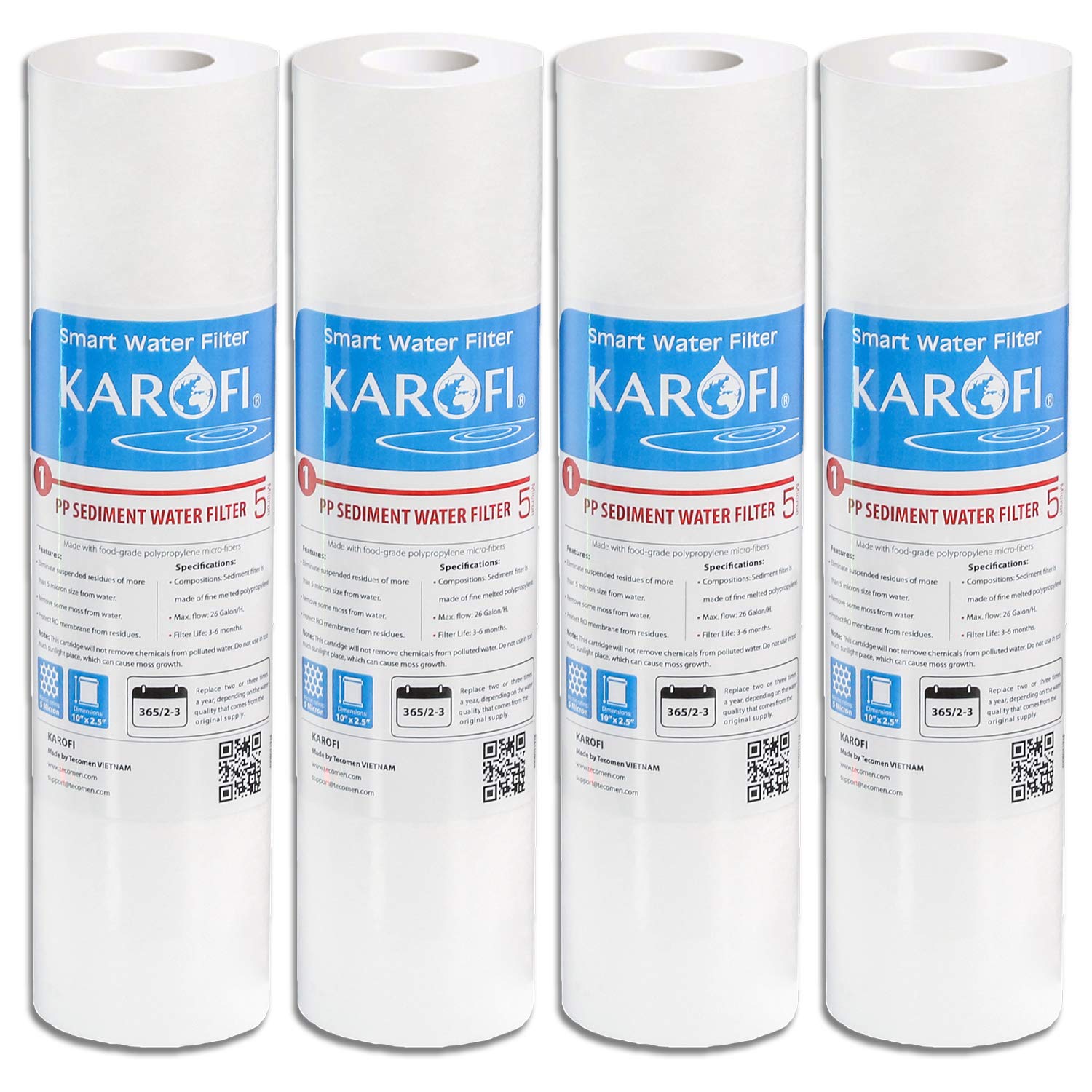 KAROFI 4-Pack 5 micron 10" x 2.5" Whole House Water Filter Cartridge | Sediment Water Filter Replacement for 10 Inches Reverse Osmosis System