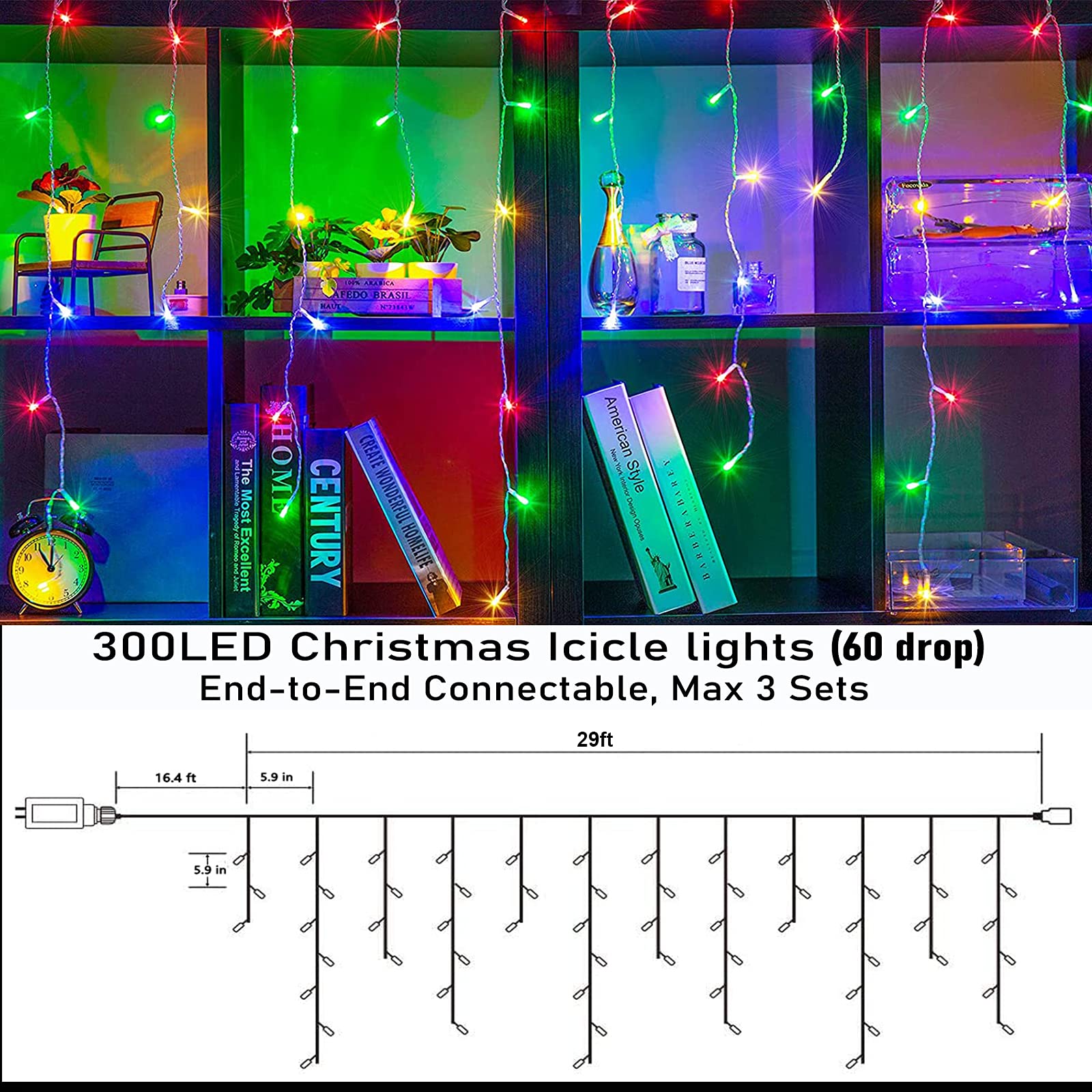Joomer Christmas Icicle Lights,300 LED 29ft 8 Modes with 60 Drops,Christmas Lights with Timer,Waterproof Connectable Outdoor String Lights forHoliday,Wedding,Christmas Decorations(Warm White)