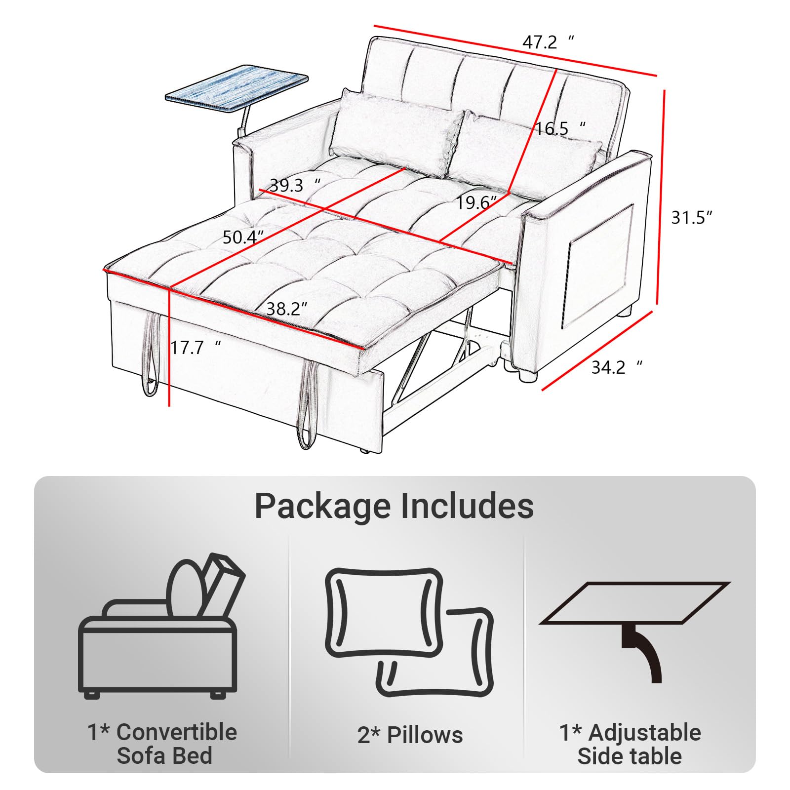 Rovibek 3 in 1 Convertible Sleeper Sofa Bed Pull Out Couch Futon Loveseat Velvet Chaise Lounge with 2 Pockets and 2 Pillows for Living Room, Black