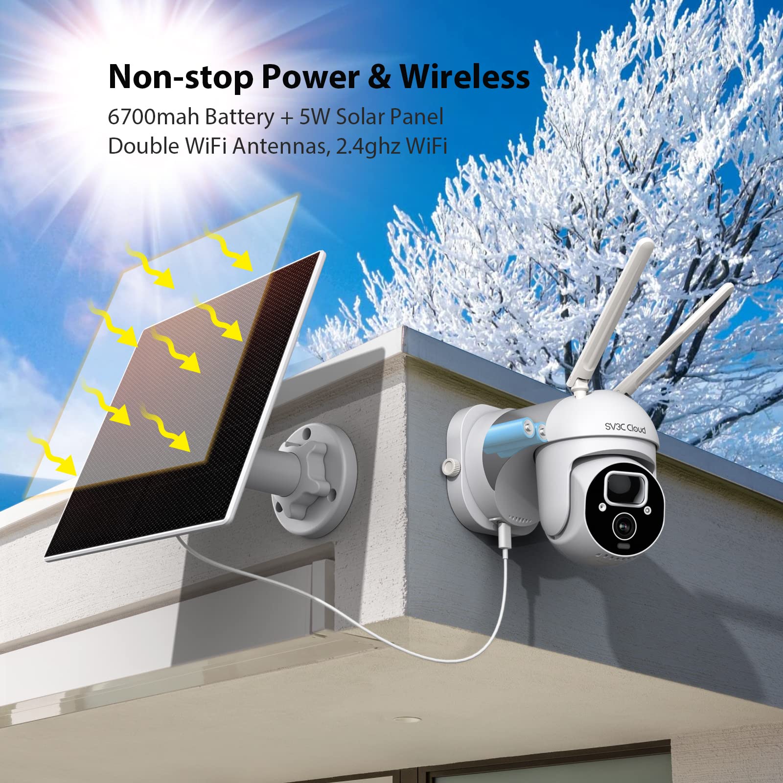 SV3C Wireless Solar Camera Outdoor, 2K PTZ WiFi Security Cameras, Pan Tilt Battery Exterior Cámara with Spotlight, PIR Motion Detect, Color Night Vision, 2-Way Audio, Alexa, Cloud & SD Card Storage