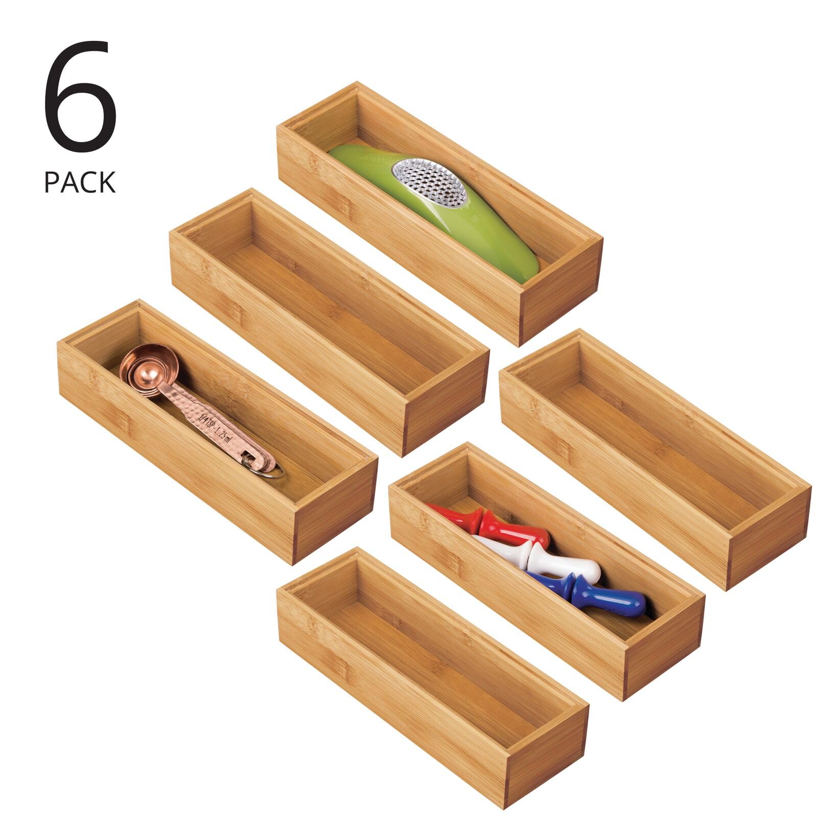mDesign Wooden Bamboo Kitchen Drawer Organizer Box Tray, Stackable Utensil/Flatware Storage for Drawers, Cabinet - Holder Container for Silverware and Appliances, Echo Collection, 6 Pack, Natural Wood