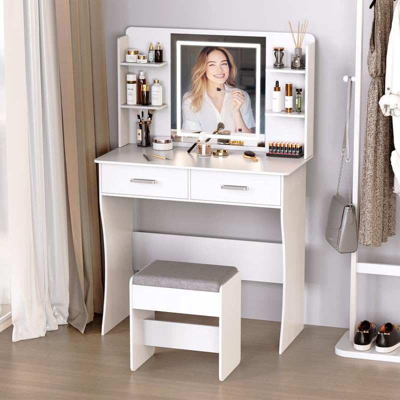 Vanity Desk with Mirror and Lights, White Makeup Vanity Desk with Led Lights Mirror and Chair, Makeup Vanity Dressing Table Set with 2 Drawers and 6 Storage Shelves for Bedroom Dressing Room