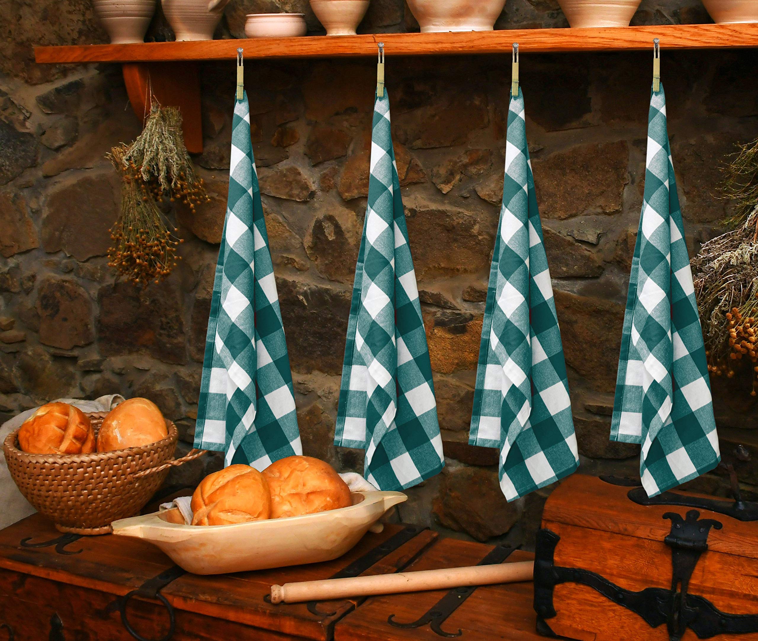 Native Fab 6-Pack Kitchen Towel with Hanging Loop 16x26 inches, Cotton Buffalo Check Kitchen Towels for Cleaning Drying, Washcloths Soft & Absorbent Cloth Rags, Bar Towel, Dish Cloth, Teal Green
