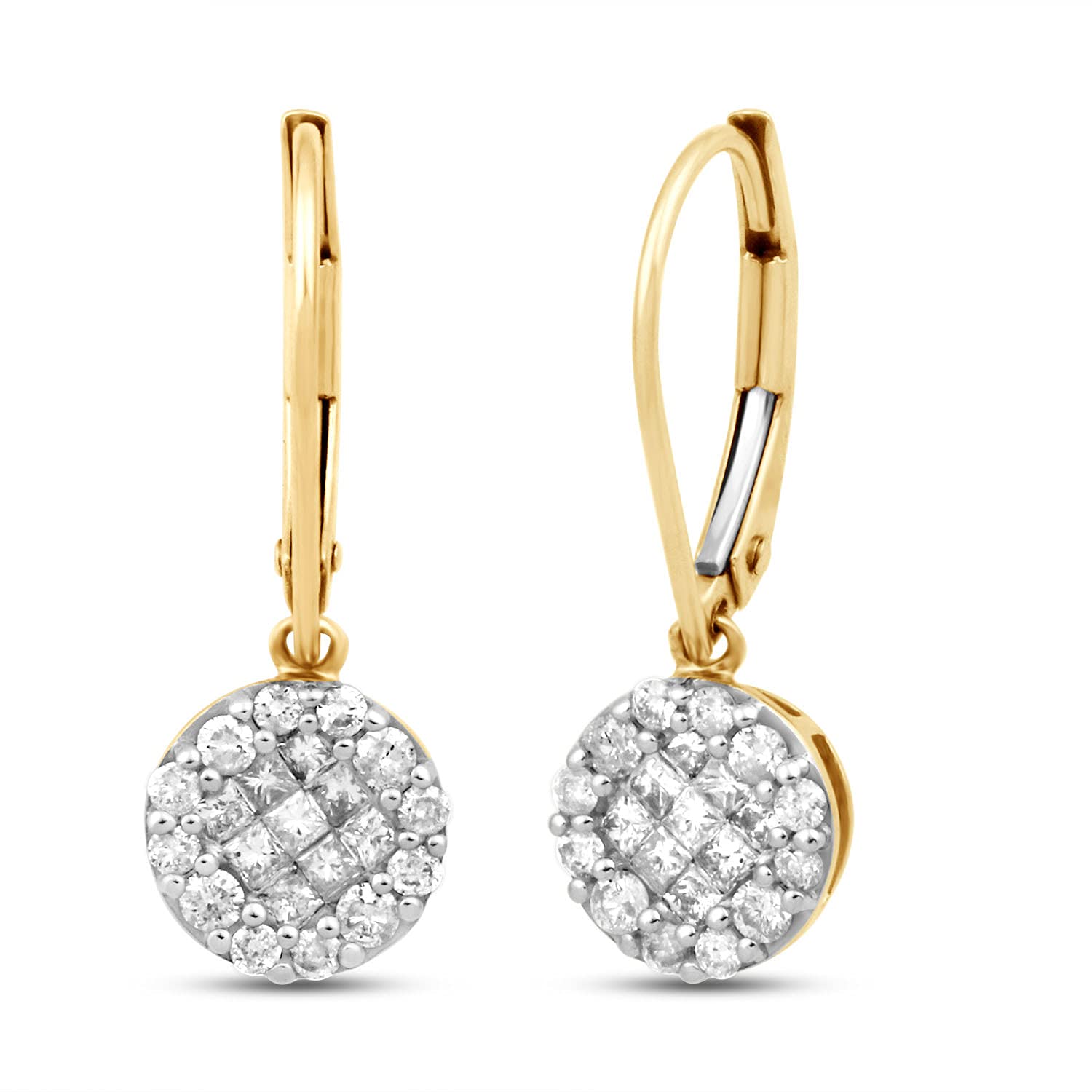 Jewelili 10K Yellow Gold 1/2 Cttw Natural White Princess and Round Diamonds Dangle Earrings