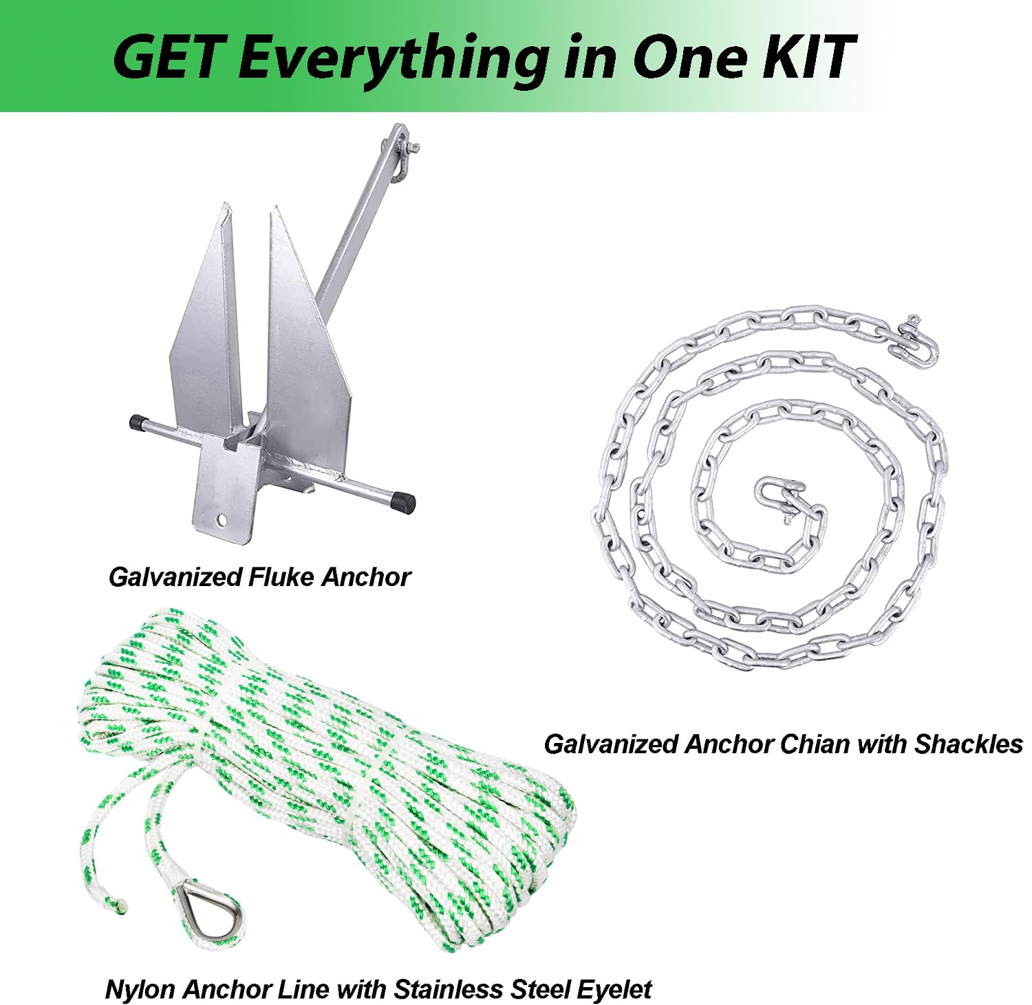 MARINE SYSTEM Anchor Kit Fluke Anchor with Anchor Chain and Boat Anchor Rope Set for Boats Pontoon, Deck, Fishing, and Sail (10 lb)
