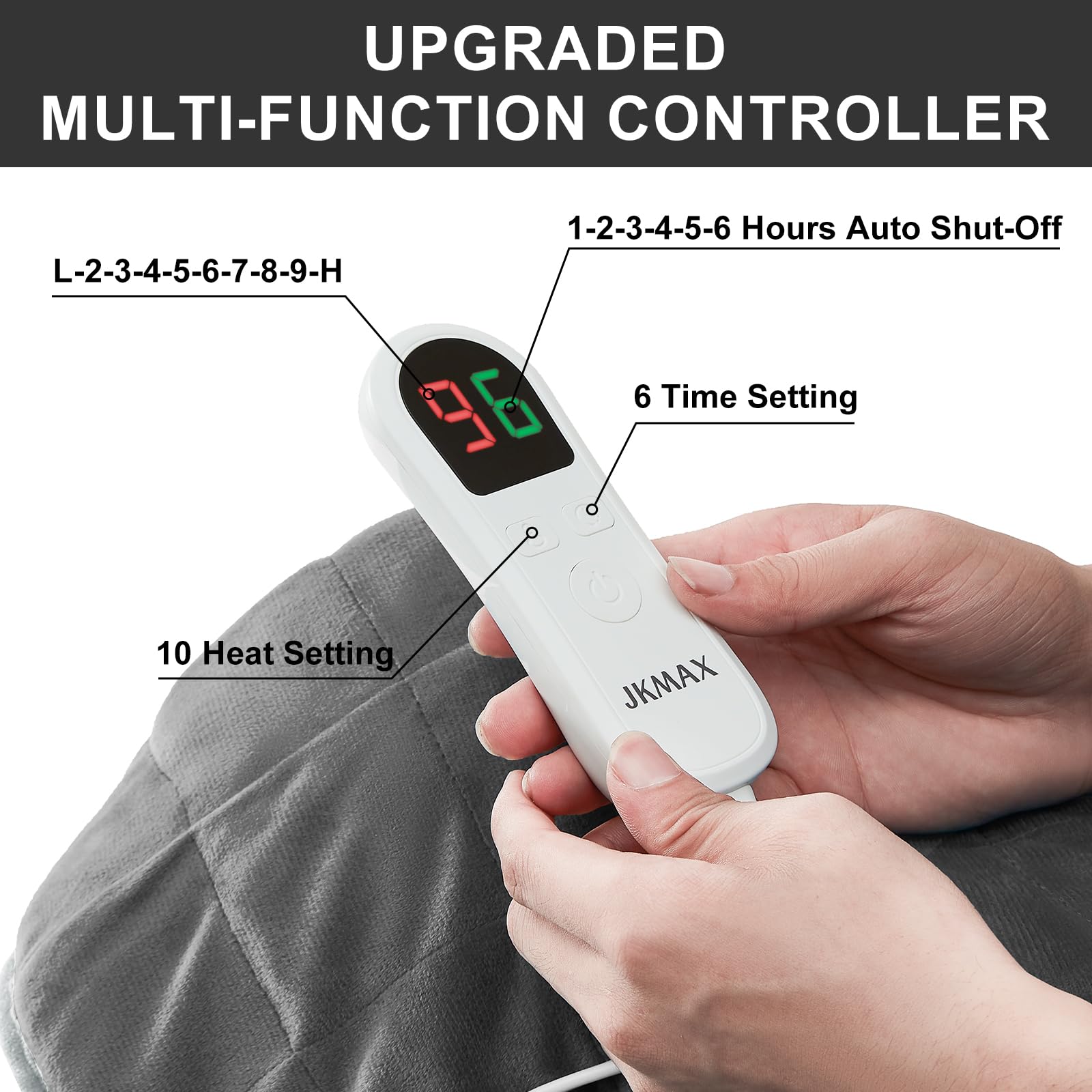 JKMAX Weighted Heating Pad XL - 2.4lb Electric Heating Pads for Back Pain Relief Cramps with 10 Heating Settings|6 Auto Shut Off - Fast Heat Dry & Moist Therapy Options 12x24 Heat Pad Washable (Grey)