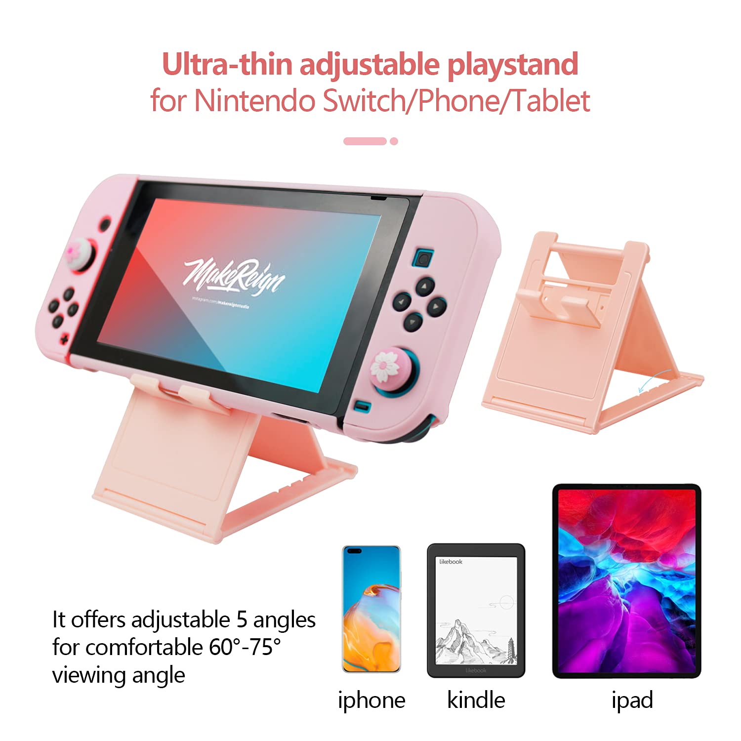 Laishalaiku Pink Protective Carrying Storage Case Accessories Kit Compatible with Nintendo Switch - Hard Protective Cover | Glass Screen Protector | Adjustable Stand | Thumb Grip Caps (10 in 1)