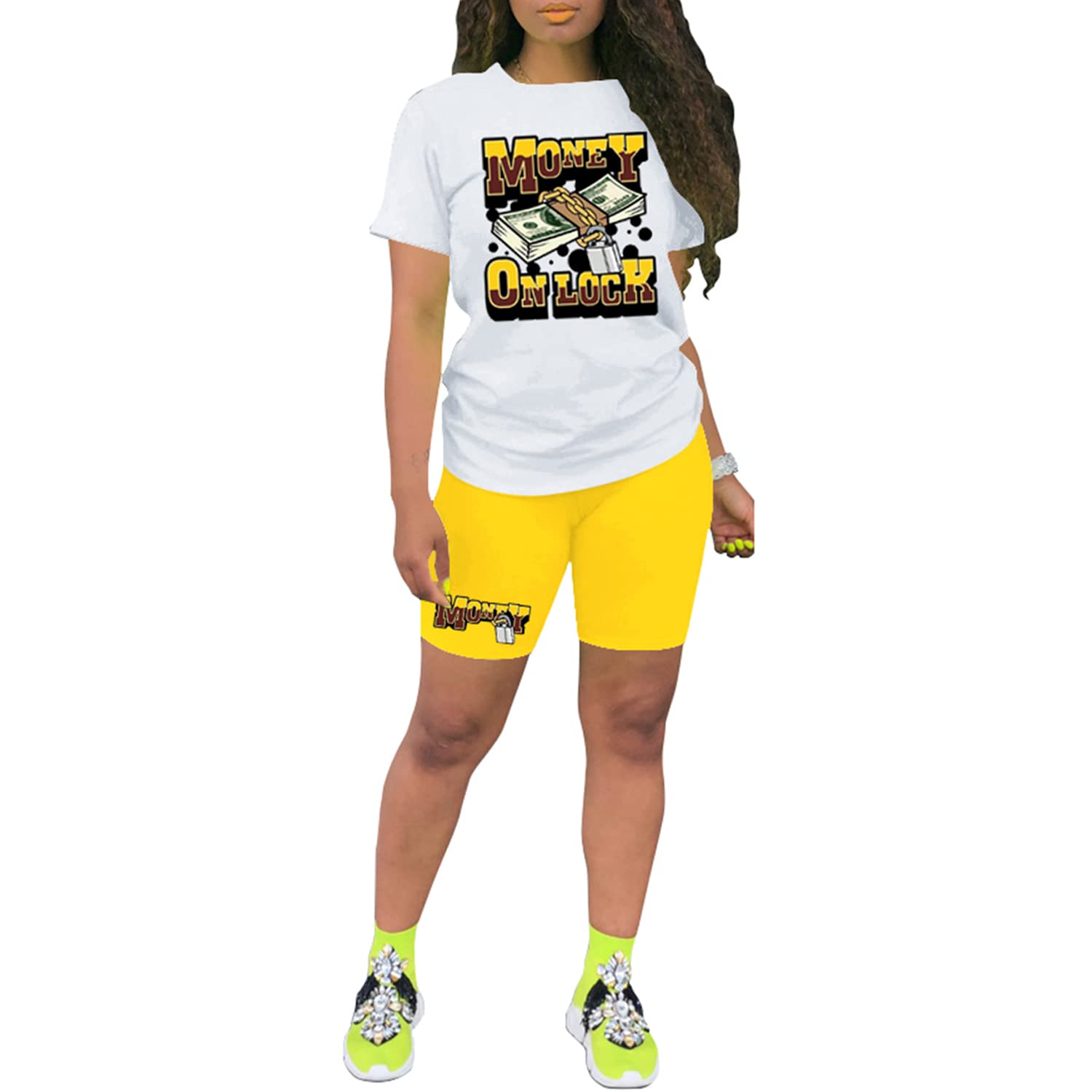 Nimsruc Two Piece Outfits For Women Summer Short Sleeve Track Suits Jogger Sets For Women 2 Piece Sweatsuits Yellow L