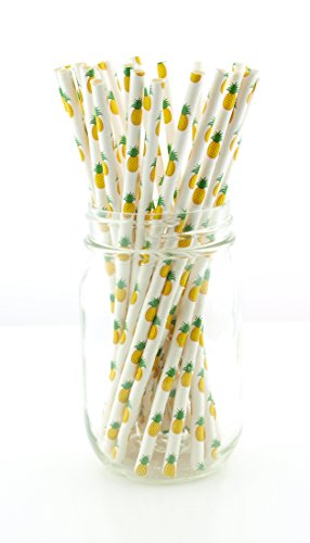 Pineapple Straws (25 Pack) - Beach Party Supplies, Summer Fruit Paper Straws, Tropical Pool Party Decorations, Straws with Pineapples, Picnics, BBQs